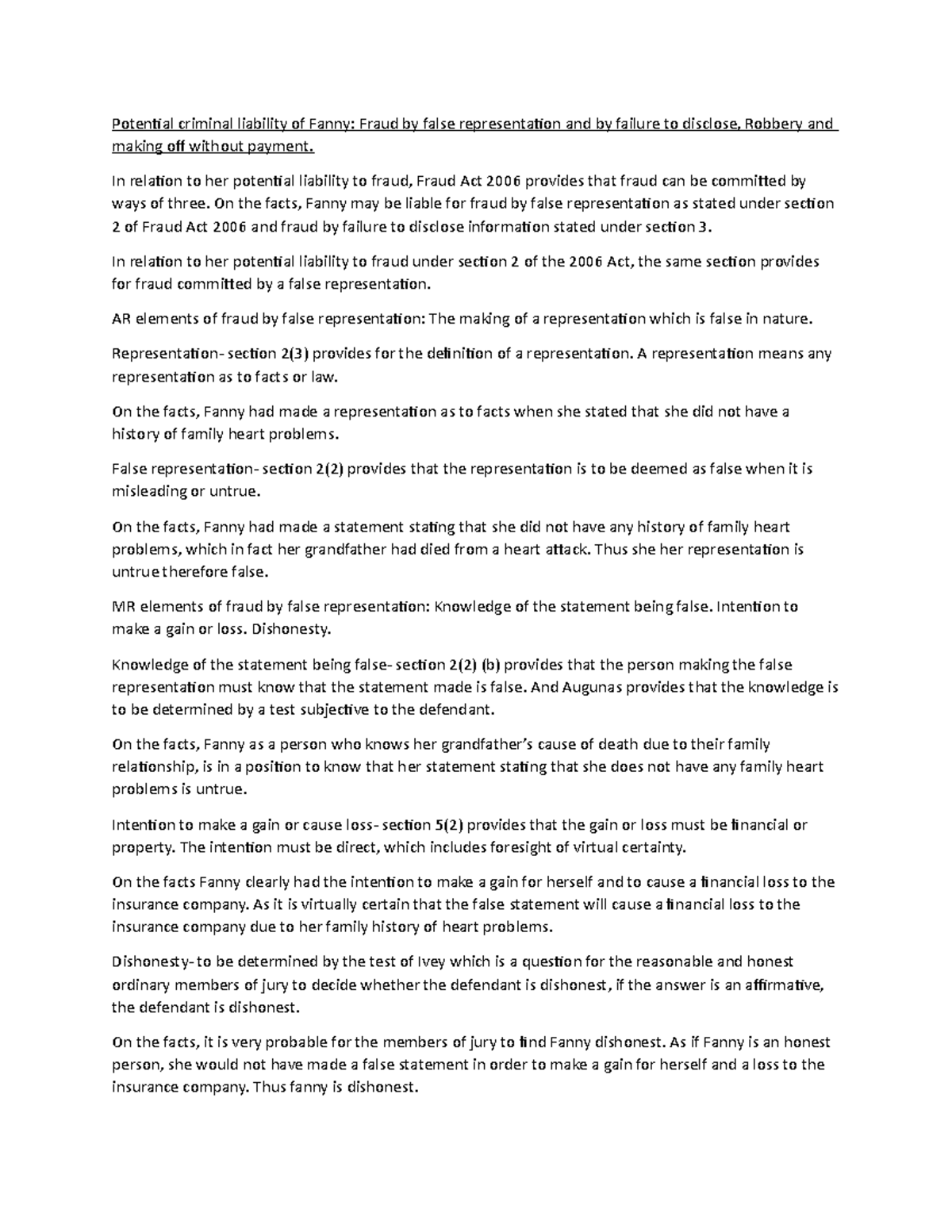 Skeletal Approach (ILAC) on Robbery, Fraud by false representation and failure to disclose - Studocu