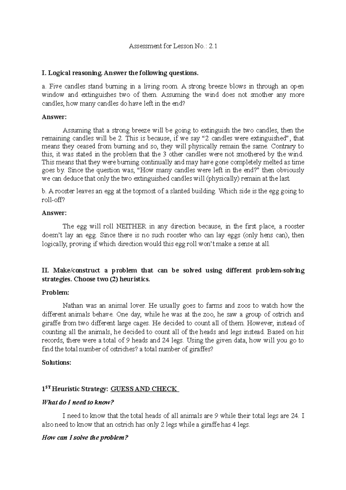 Math11n Assessment for Lesson No. 2 - Assessment for Lesson No.: 2. I ...