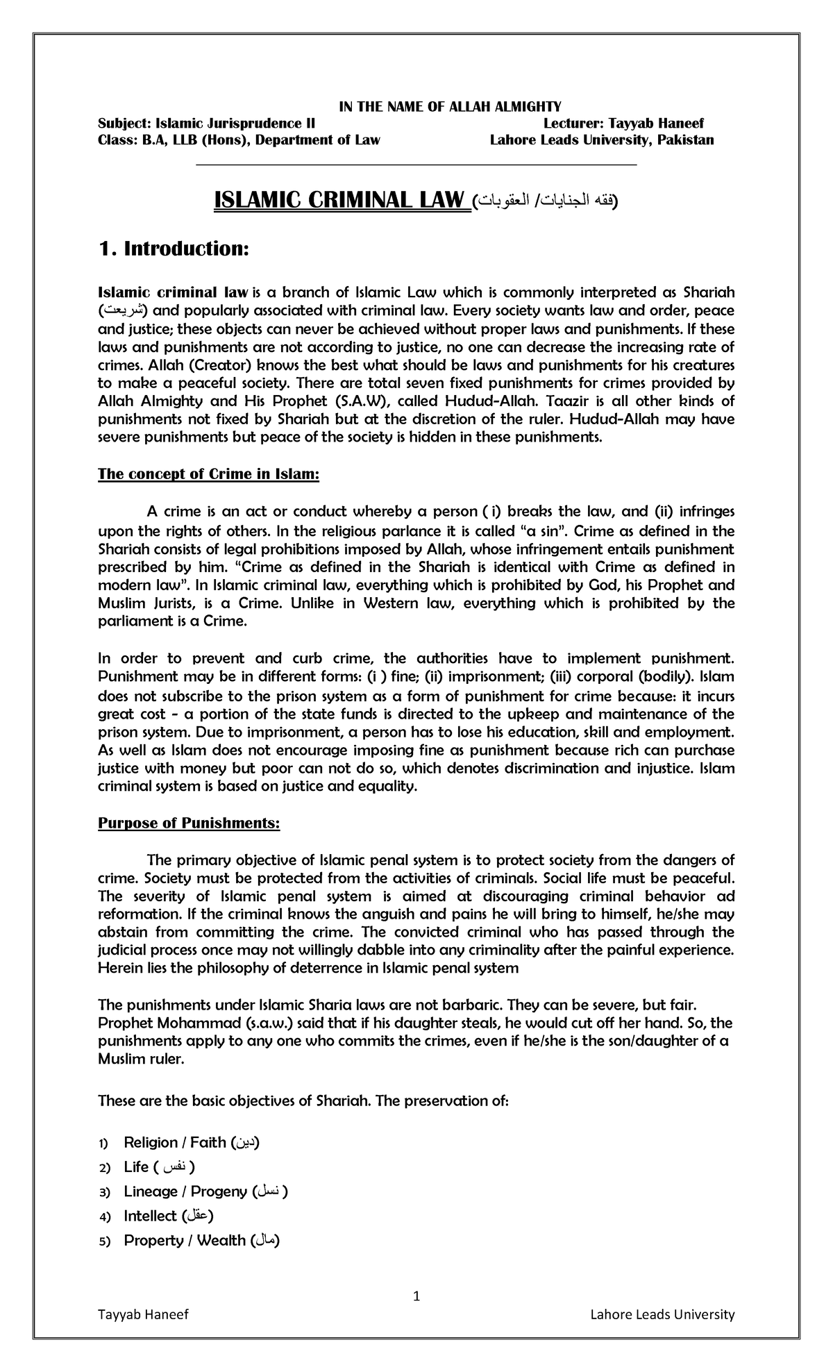 Islamic Law of Crimes pdf - 1 IN THE NAME OF ALLAH ALMIGHTY Subject ...