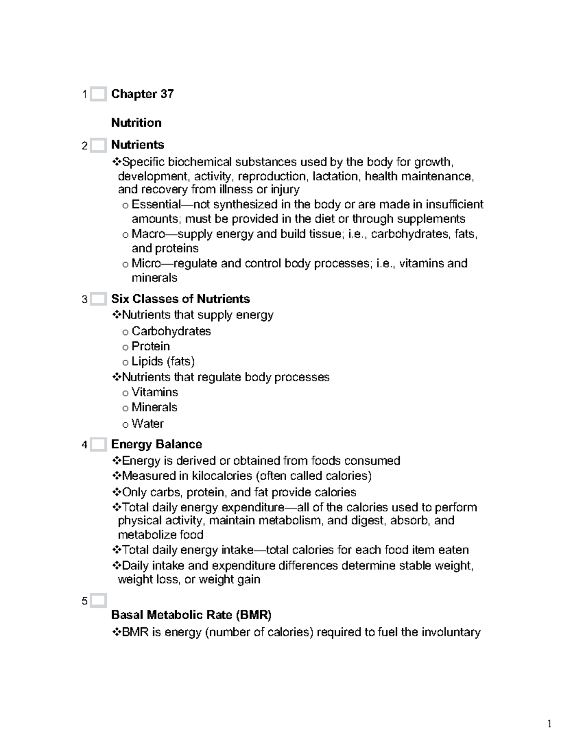Ch 37 Nutrition Outline - 1 Chapter 37 Nutrition Nutrients vSpecific ...