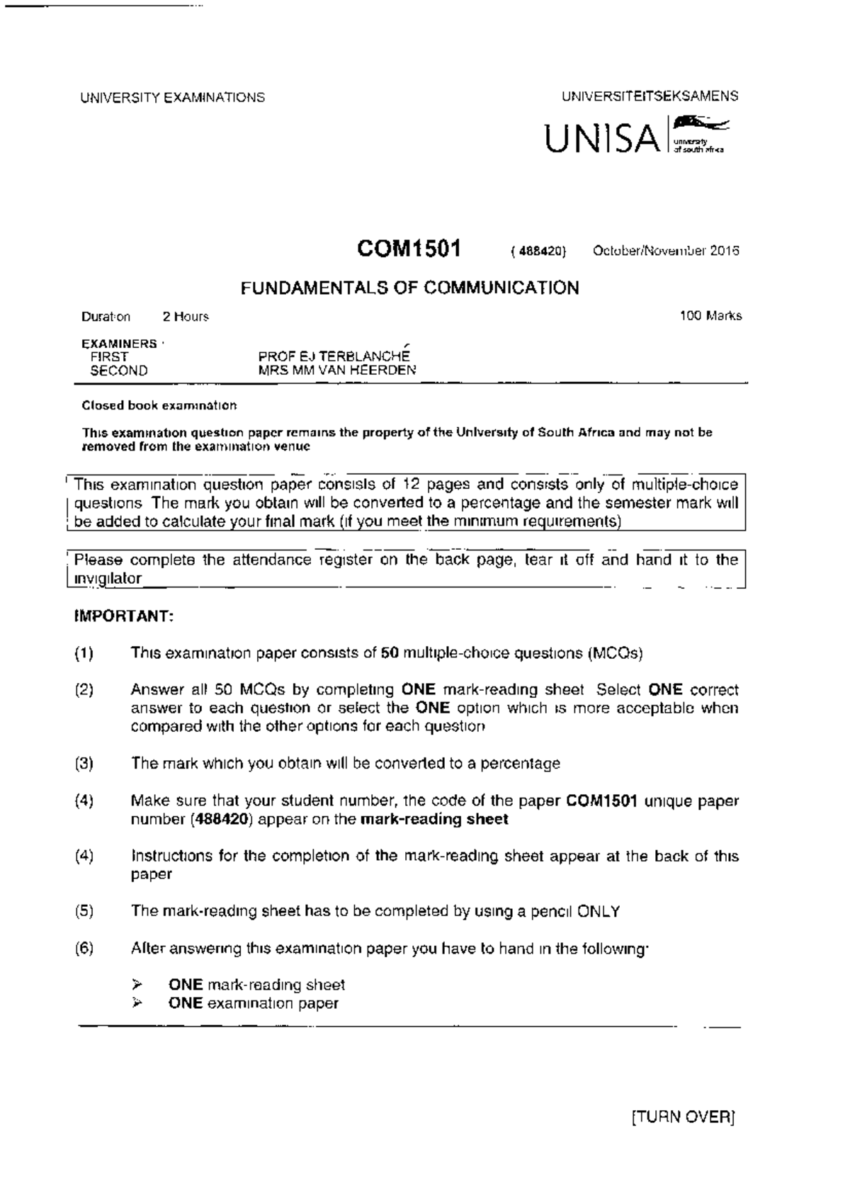 COM1501- October-2016 - UNIVERSITY EXAMINATIONS UNIVERSITEITSEKSAMENS ...