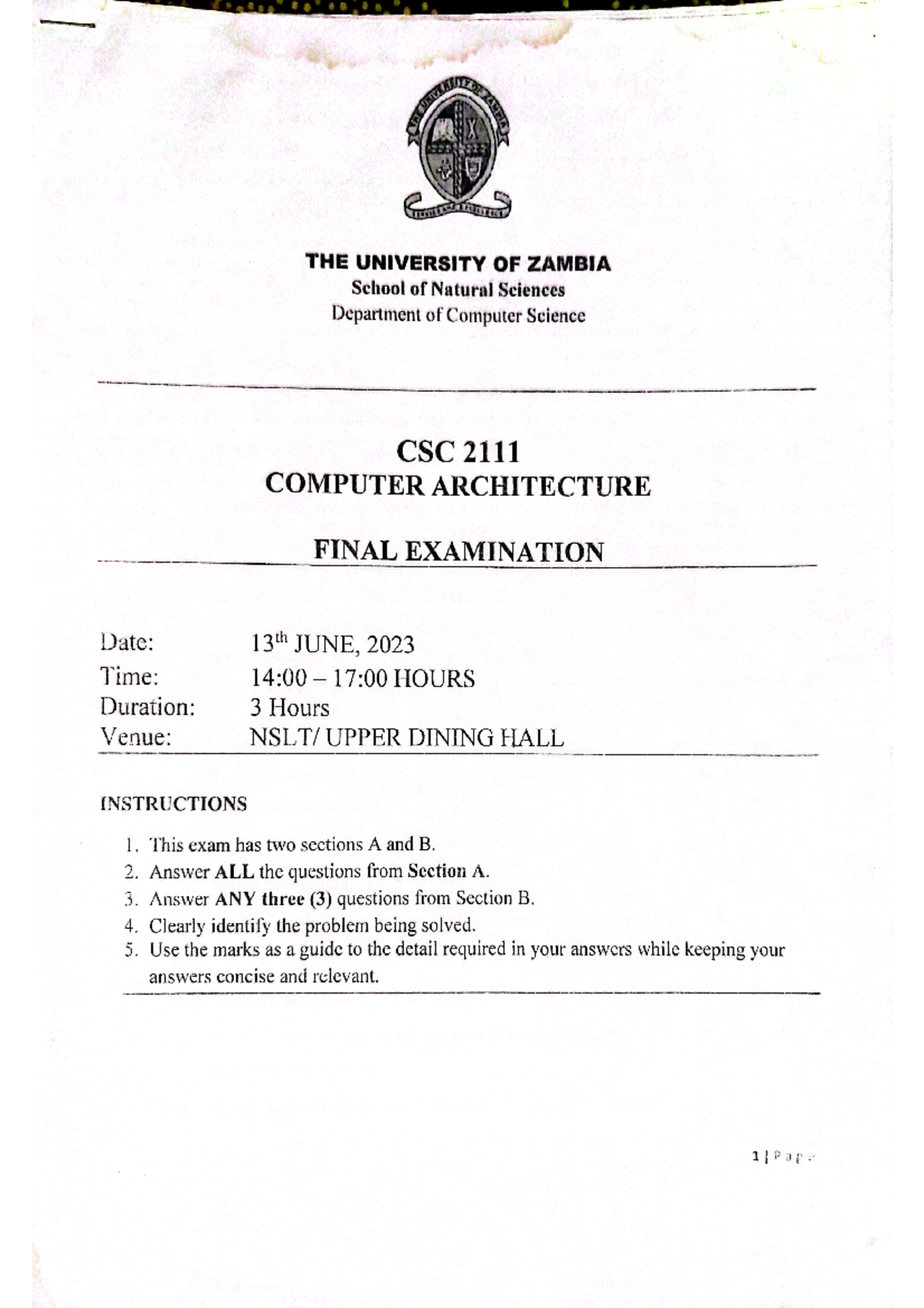 CSC 2111 2023 Final Exan - Computer Architecture & Organisation - Studocu