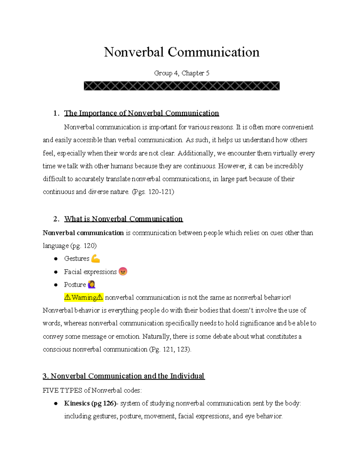 Chapter 5 - Nonverbal Communication Group 4, Chapter 5 1. The ...