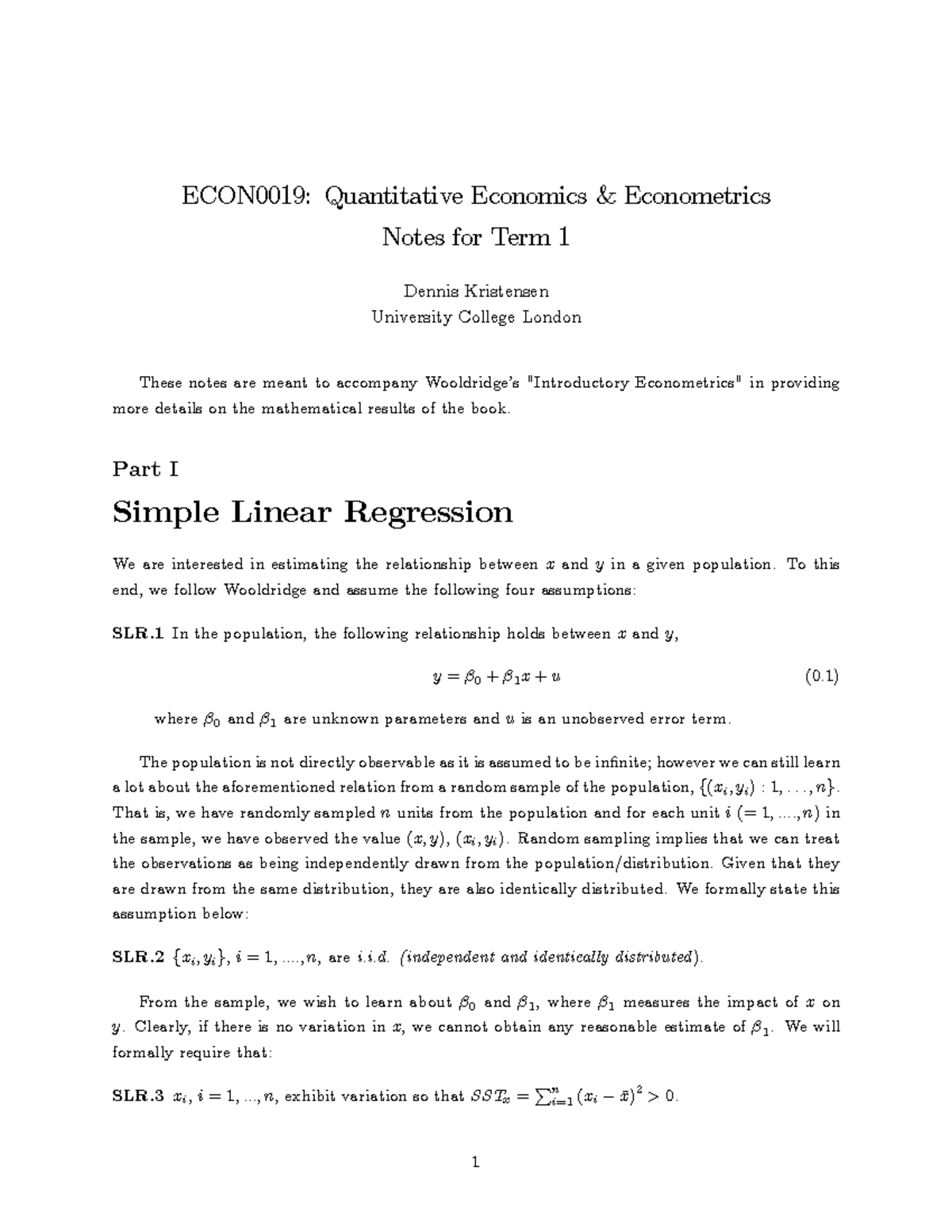 Notes Econometrics - ECON0019: Quantitative Economics & Econometrics ...