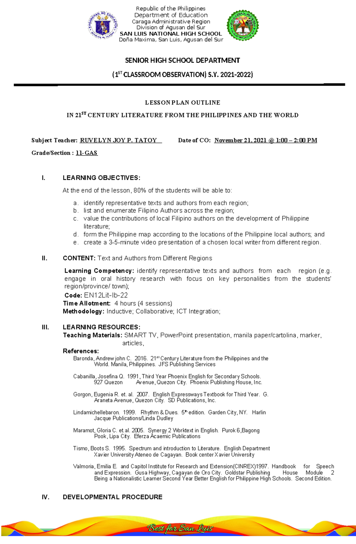 DEMO LP- 1ST COT -2022 21st Literature - Department of Education Caraga Administrative Region ...