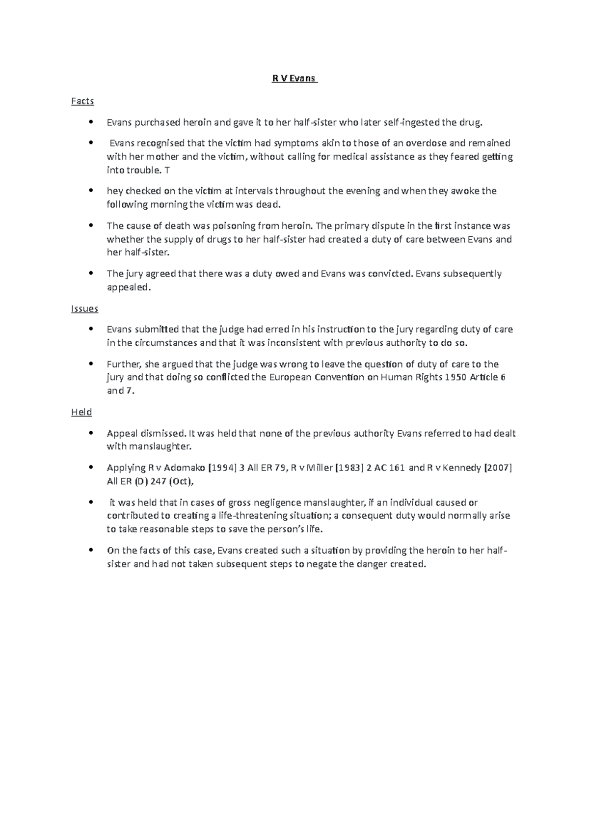 CASE Regina V Evans - Case summaries of the key cases - R V Evans Facts ...
