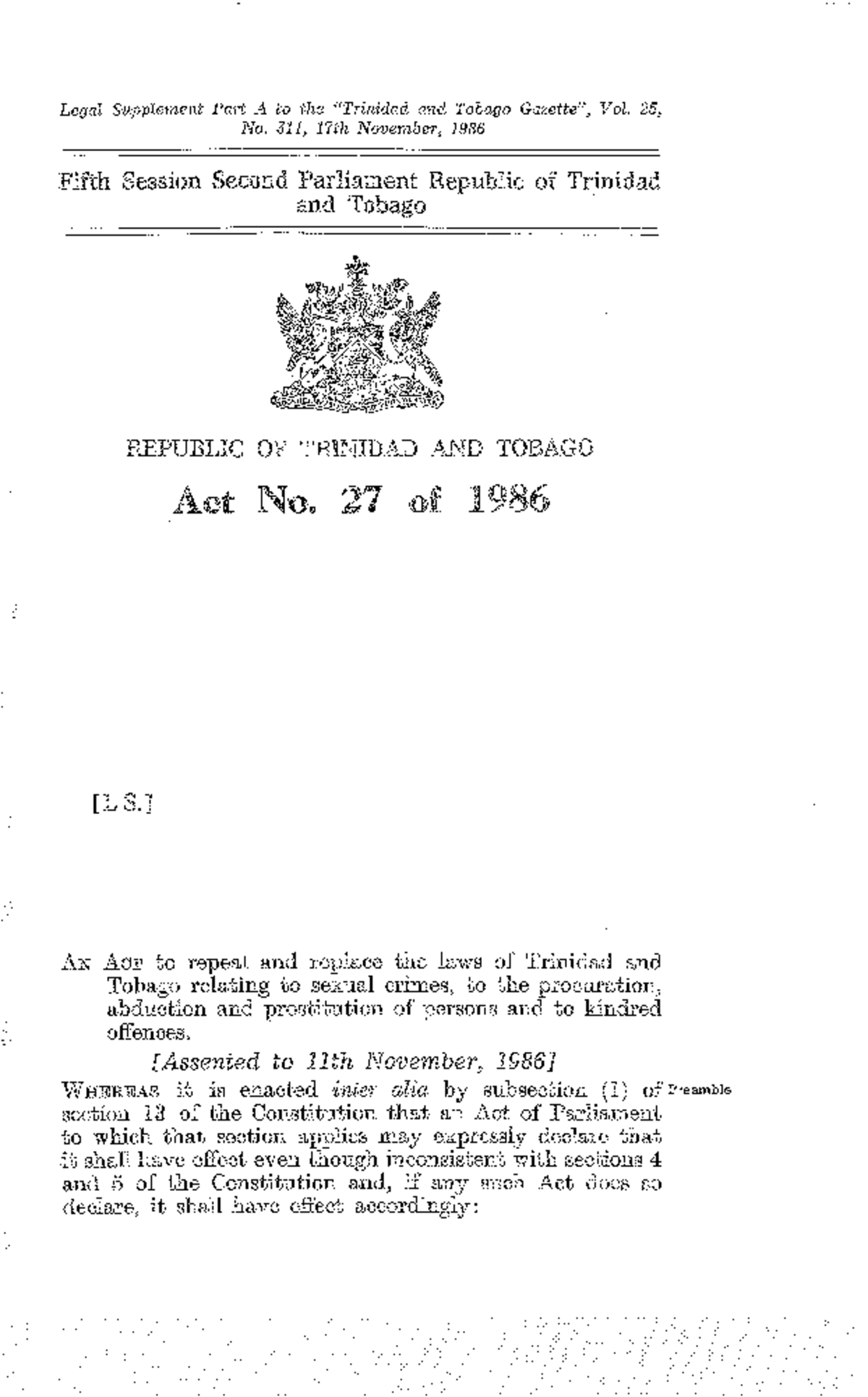 Act1986 27 - An Act - Legal Supplement Part A to the "Trinidad and ...