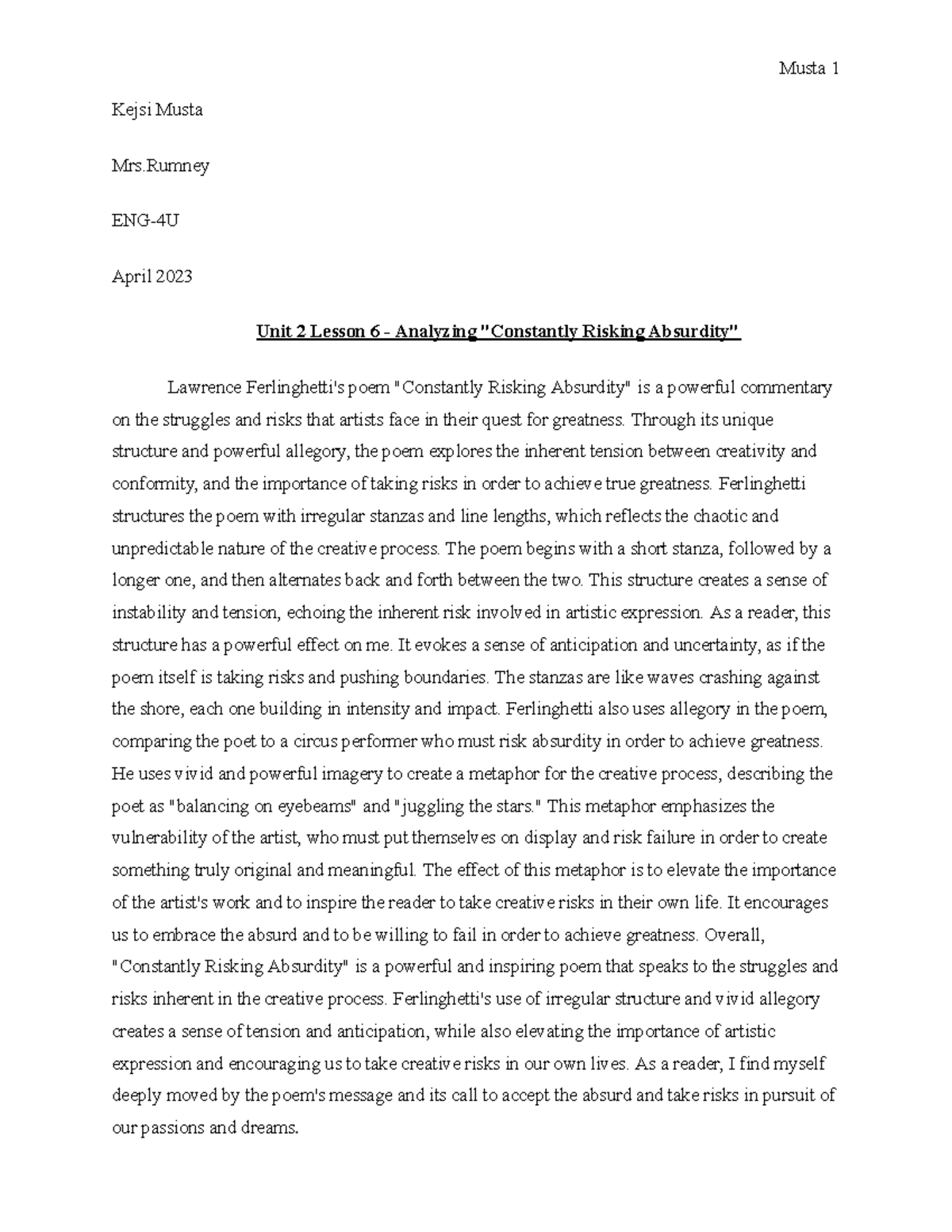 Analyzing "Constantly Risking Absurdity" - Musta 1 Kejsi Musta Mrs ENG ...