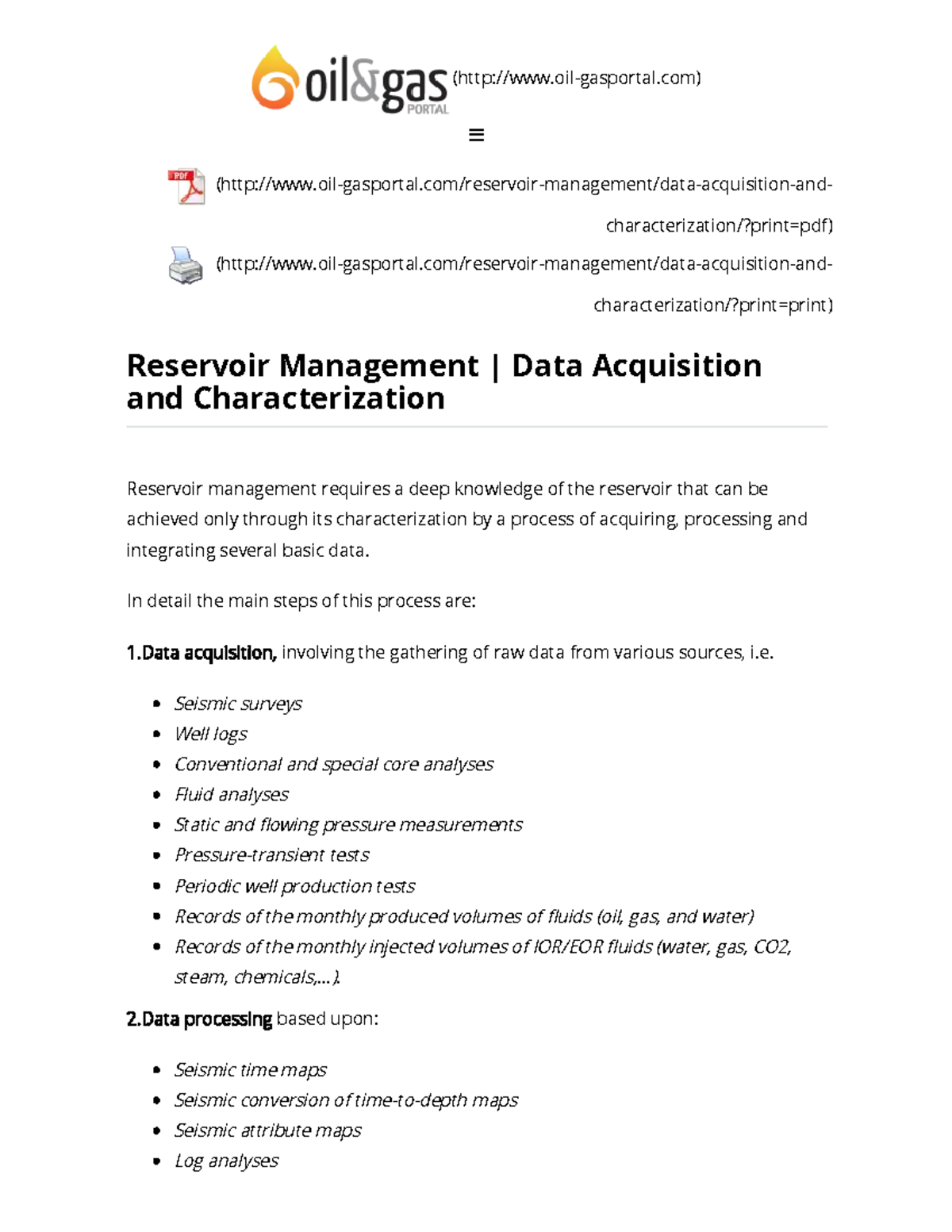 Reservoir - Data acquisition and Characterization - Reservoir ...