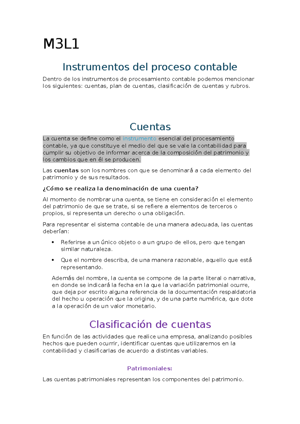 Principios de la Contabilidad. M3 Resumen - M3L Instrumentos del proceso contable Dentro de los ...