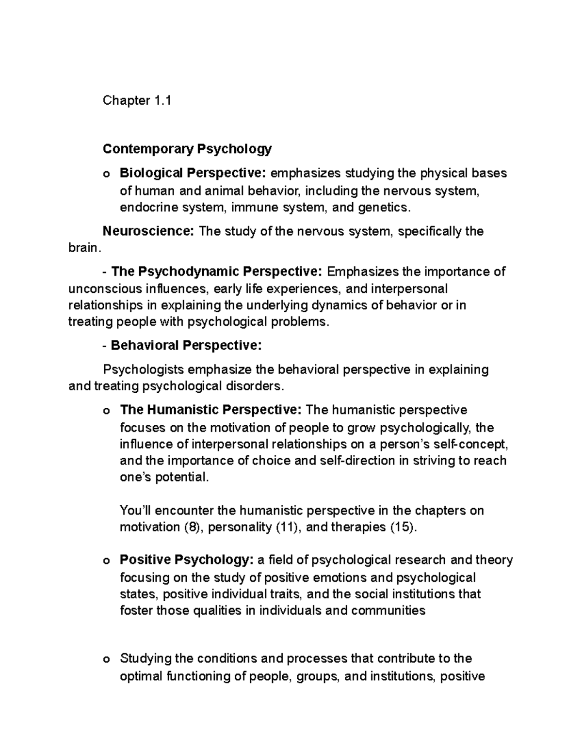Chapter 1 - Lecture notes 1 - Chapter 1. Contemporary Psychology o ...