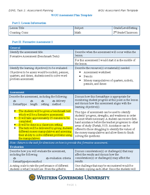 D093 TASK 1 revised again - DIM3, Task 1: Assessment Planning WGU Assessment Plan Template WGU ...