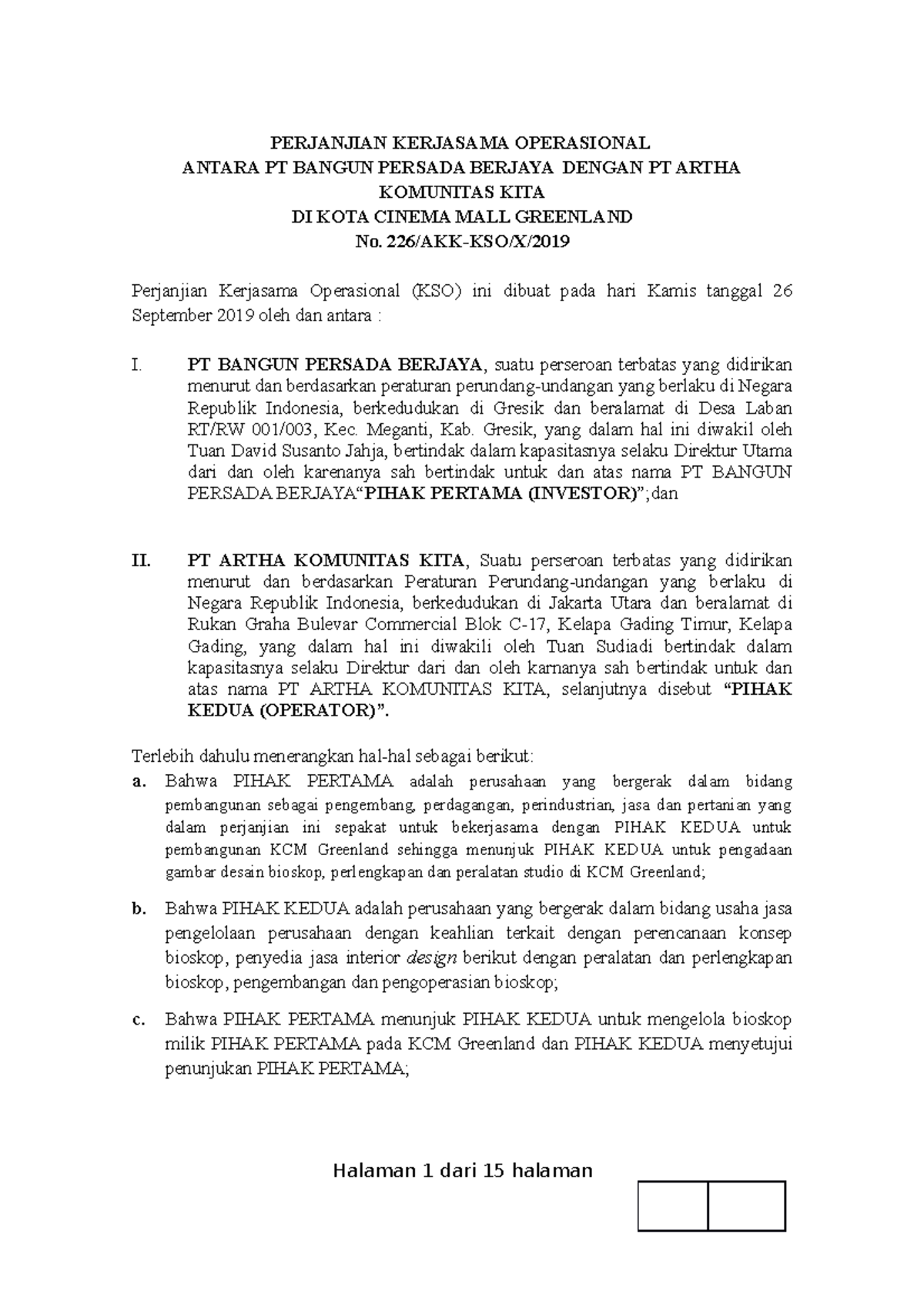 2019 1101 Draft KSO KCM Greenland Gresik Fixed - PERJANJIAN KERJASAMA ...