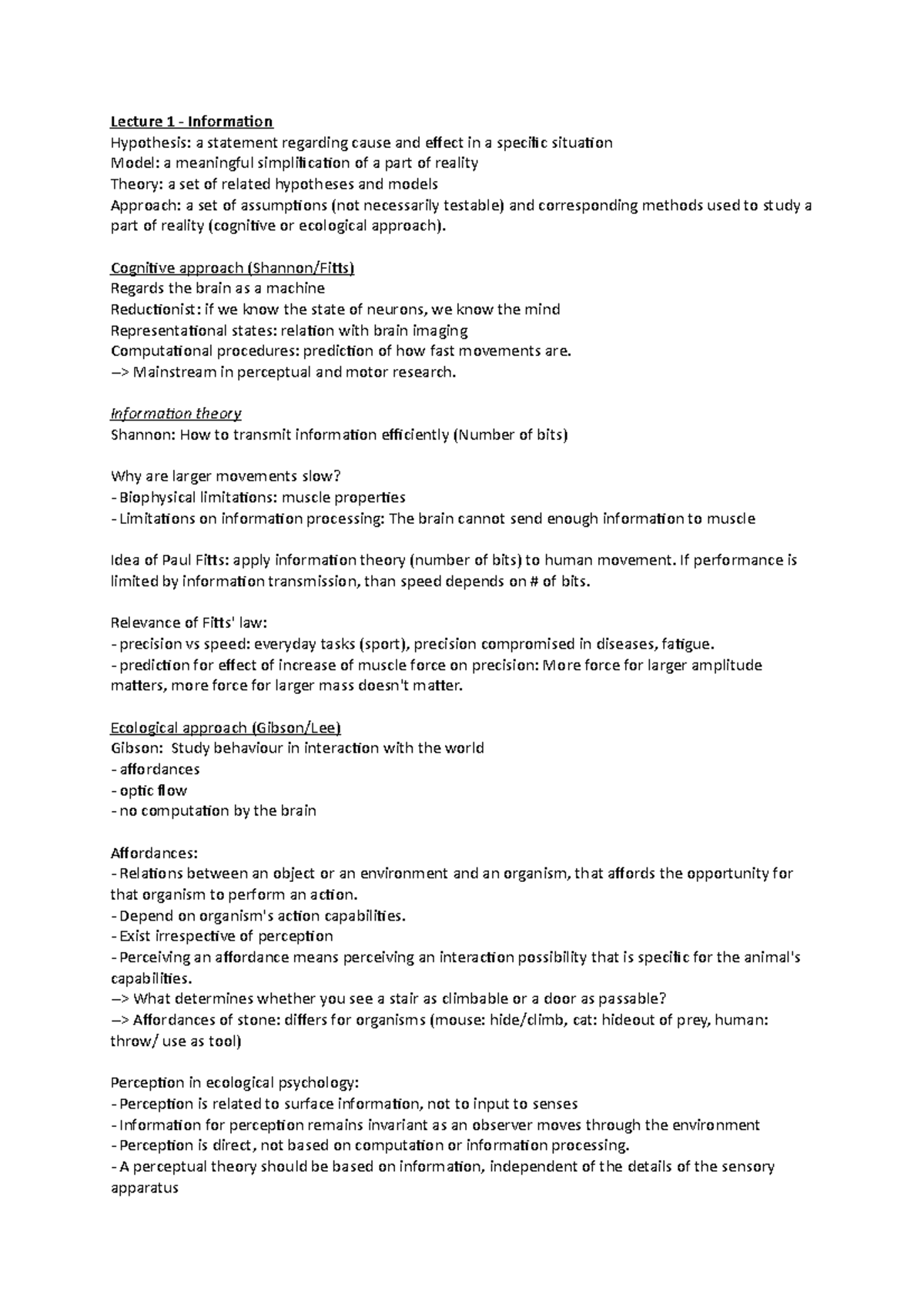 College-aantekeningen, College Over Behaviour - Lecture 1 Information Hypothesis: a statement ...