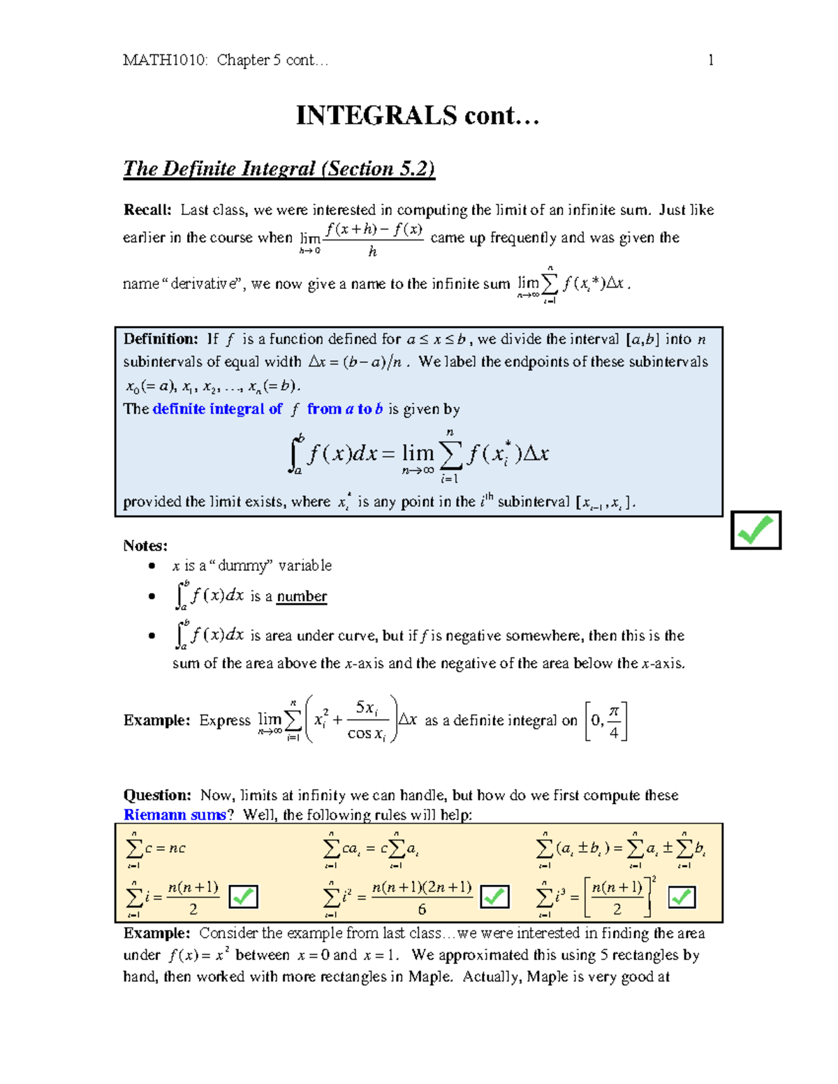 Mod 17 - mynrtewf - INTEGRALS cont... The Definite Integral (Section 5 ...