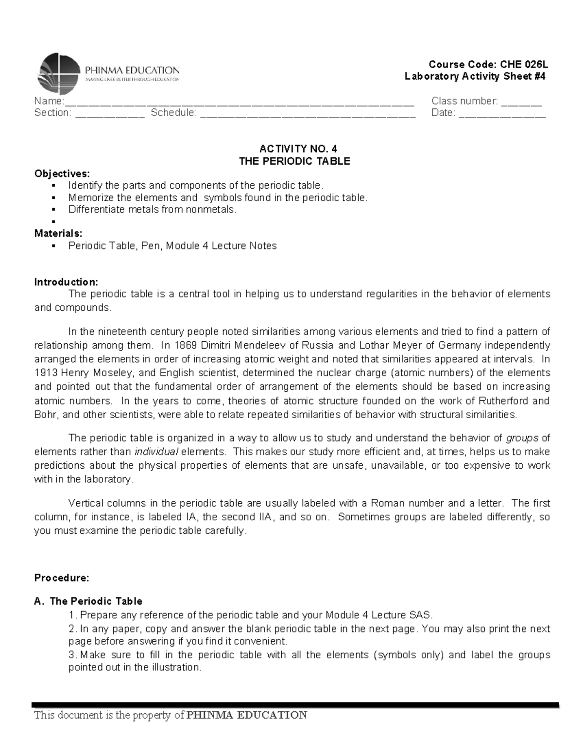 CHE 026L LAS 4 The Periodic Table - Laboratory Activity Sheet - Studocu