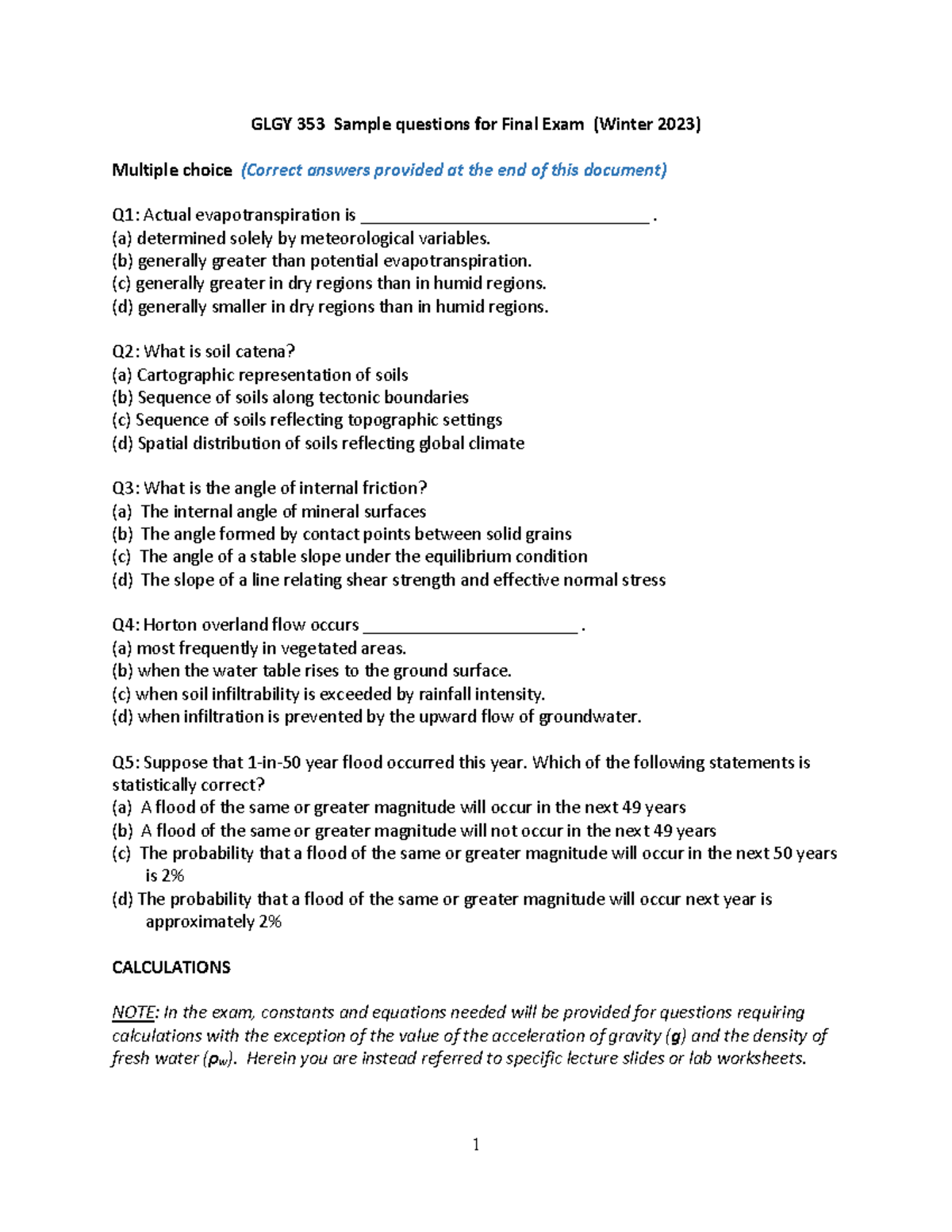 Sample Questions Final Exam 353-W23 - GLGY 353 Sample questions for Final Exam (Winter 2023 ...