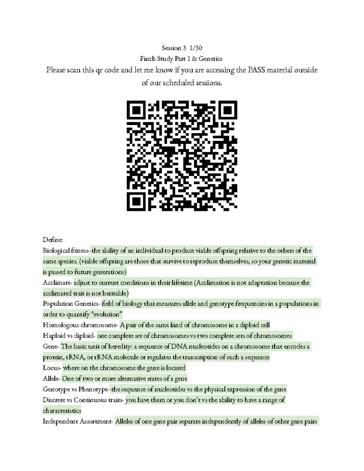 Key Session 3 1 30 - Session 3 1/ Finch Study Part 1 & Genetics Please ...