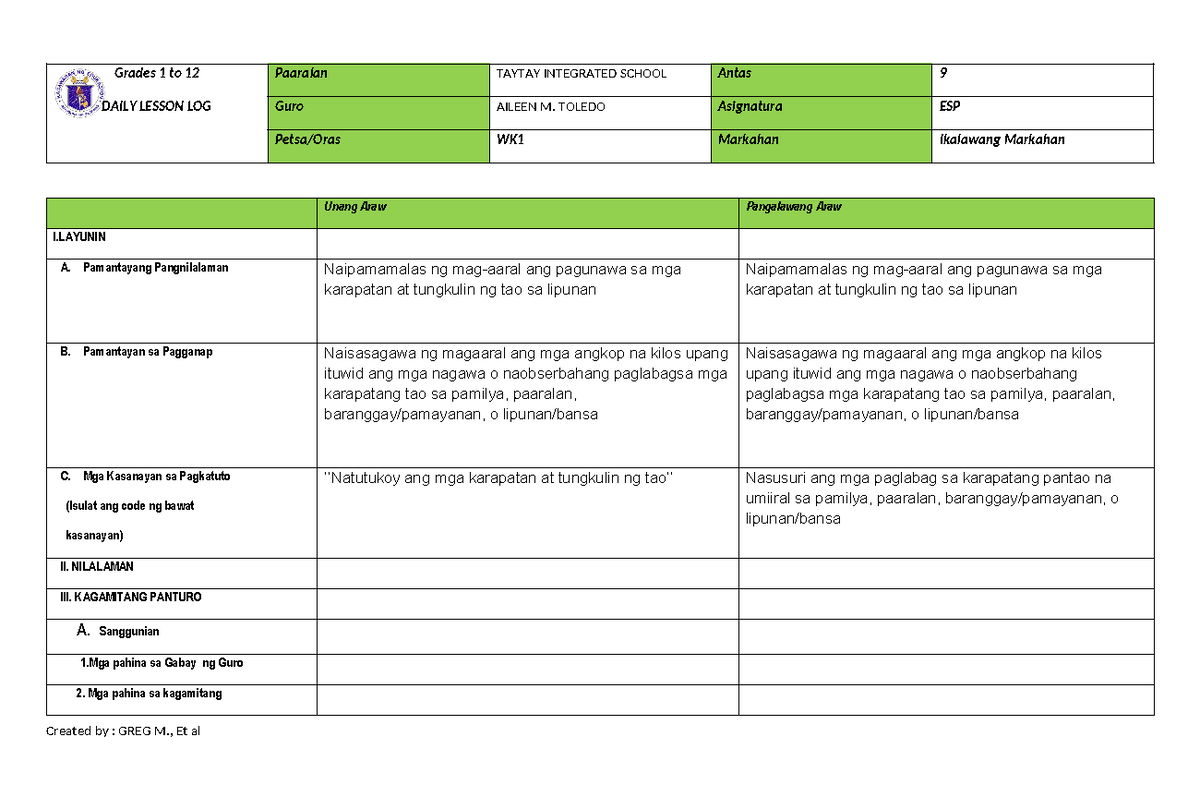 ESP9 Q2 WK1 DONE - DLL in ESP 9 - Grades 1 to 12 DAILY LESSON LOG Paaralan TAYTAY INTEGRATED ...