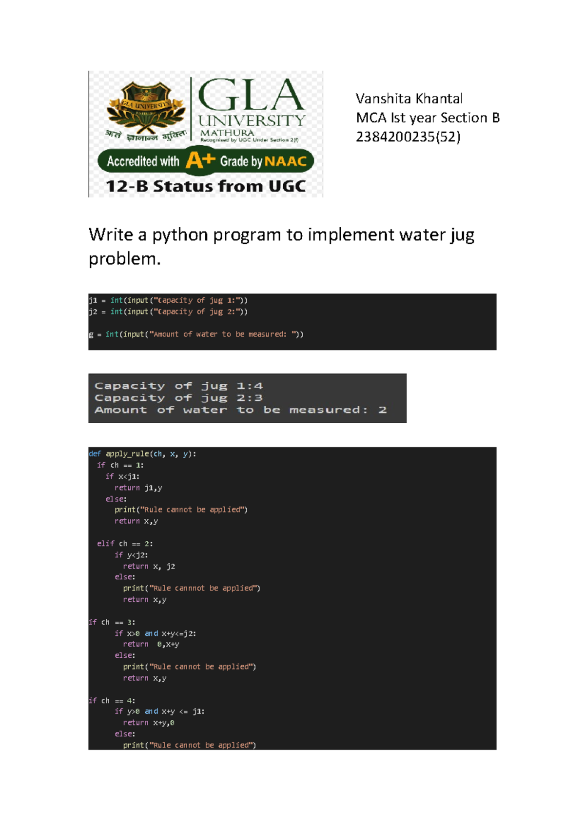 Water jug - ass - Write a python program to implement water jug problem. j1 = - Studocu