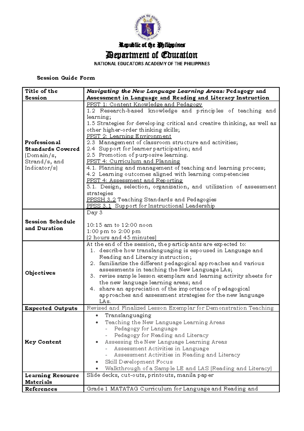 Final SG Grade 1 Session No - Department of Education NATIONAL ...