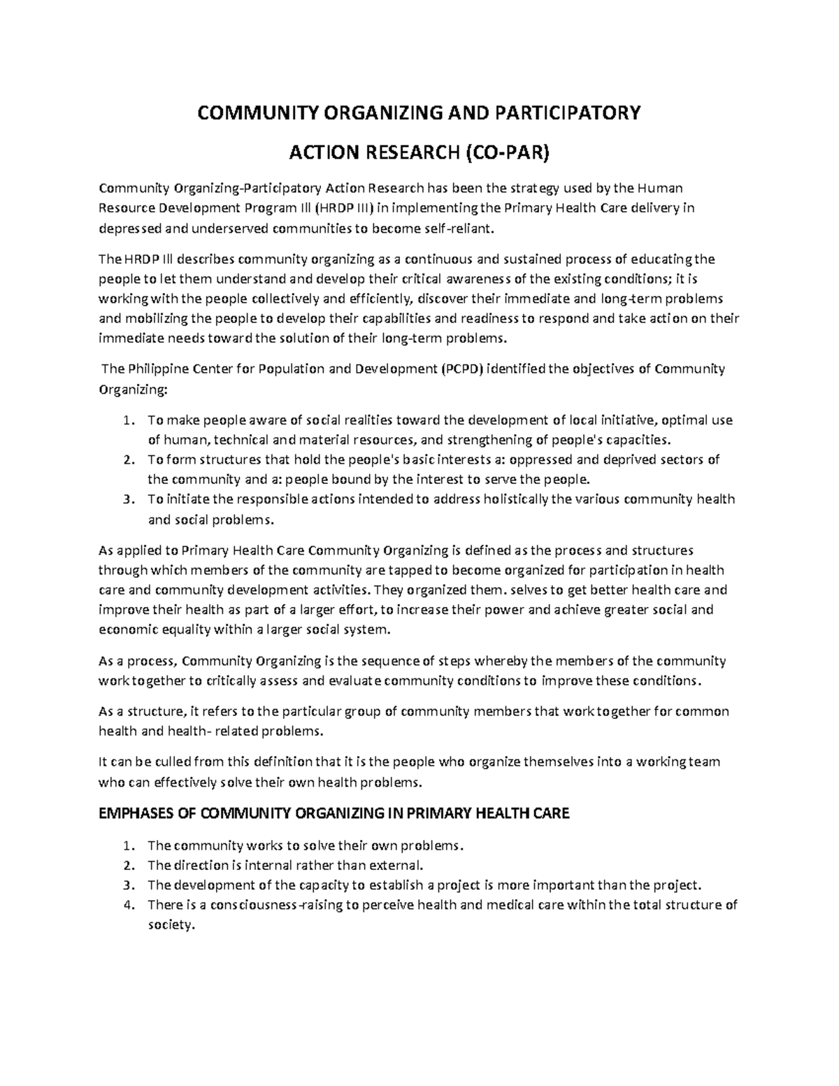 Copar - Community Health Nursing - COMMUNITY ORGANIZING AND ...