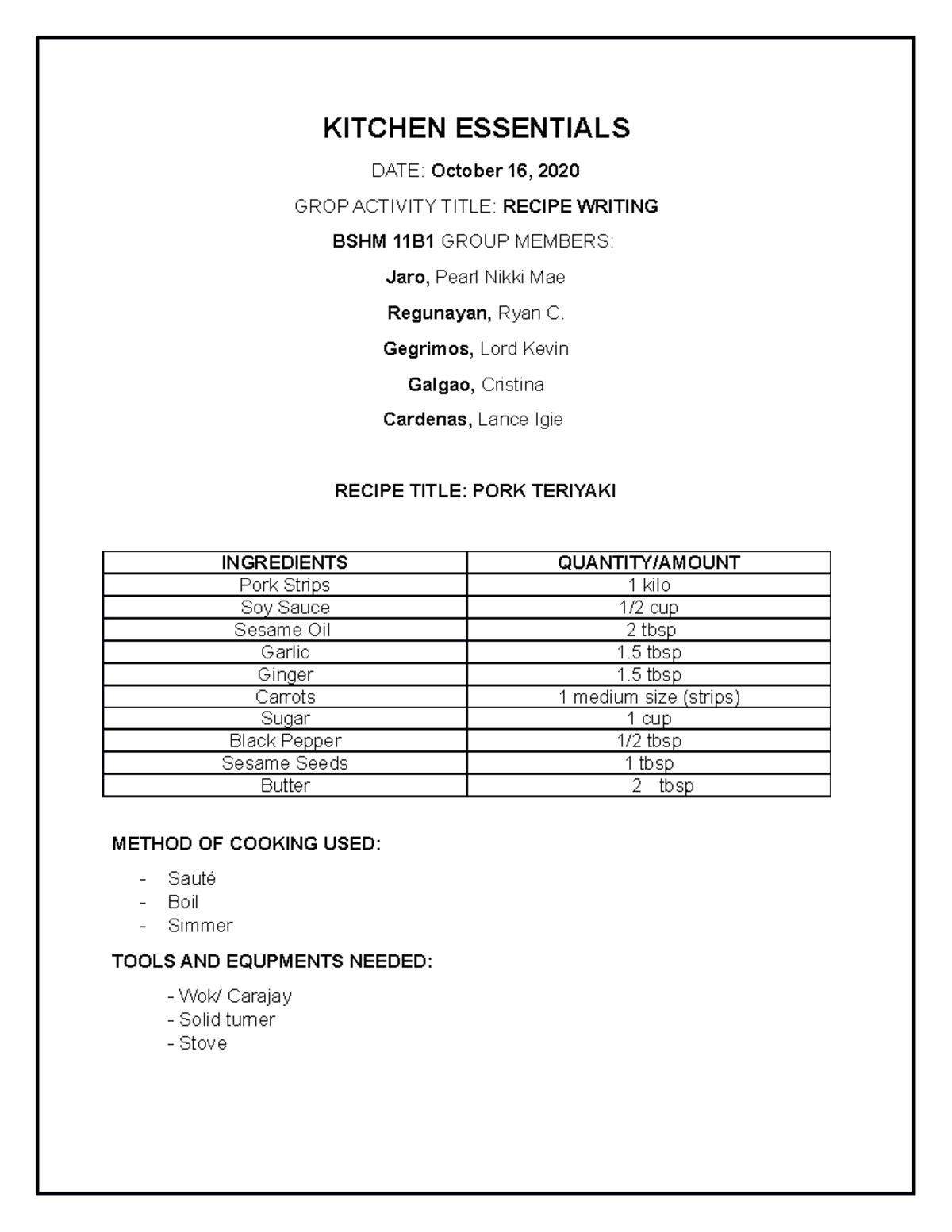 Wed-Group 2- Recipe Writing - KITCHEN ESSENTIALS DATE: October 16, 2020 ...