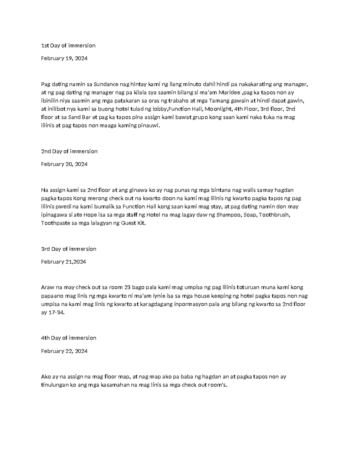 Diary OF WORK Immersion - 1st Day of immersion February 19, 2024 Pag ...