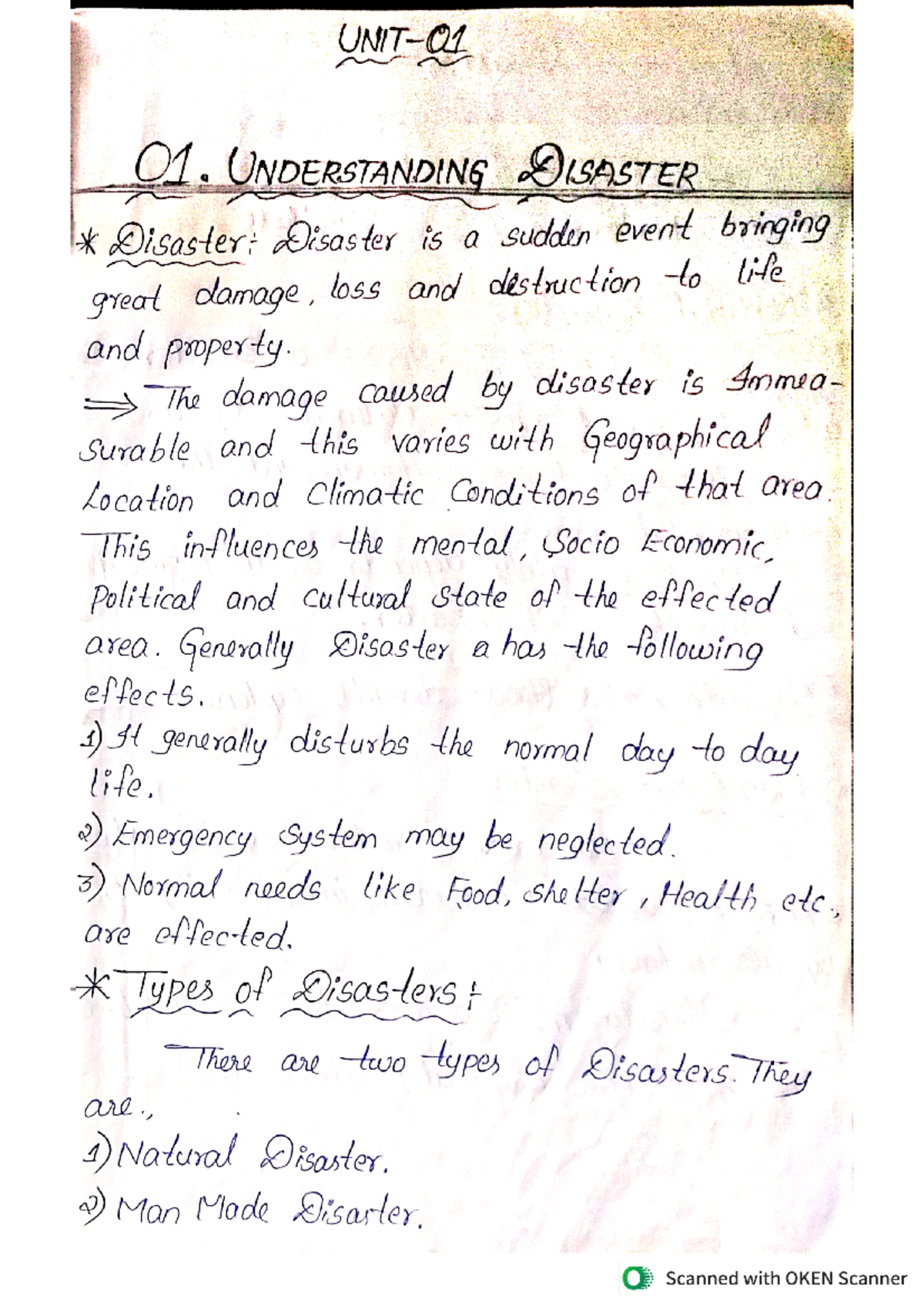DPPM handwritten notes-1 - 01. UNDERSTANDING DISASTER Disaster ...