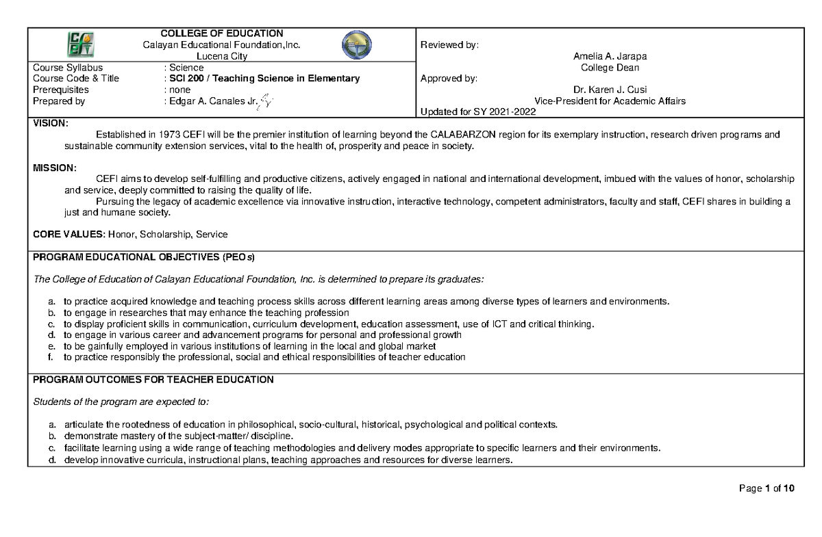 Syllabus Teaching Science SCI200 PDF - COLLEGE OF EDUCATION Calayan ...