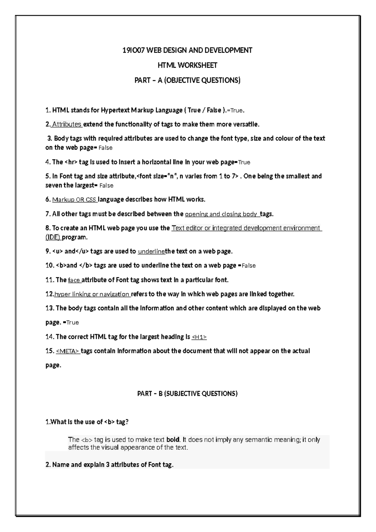 Wb prblem sheet html - 19IO07 WEB DESIGN AND DEVELOPMENT HTML WORKSHEET ...