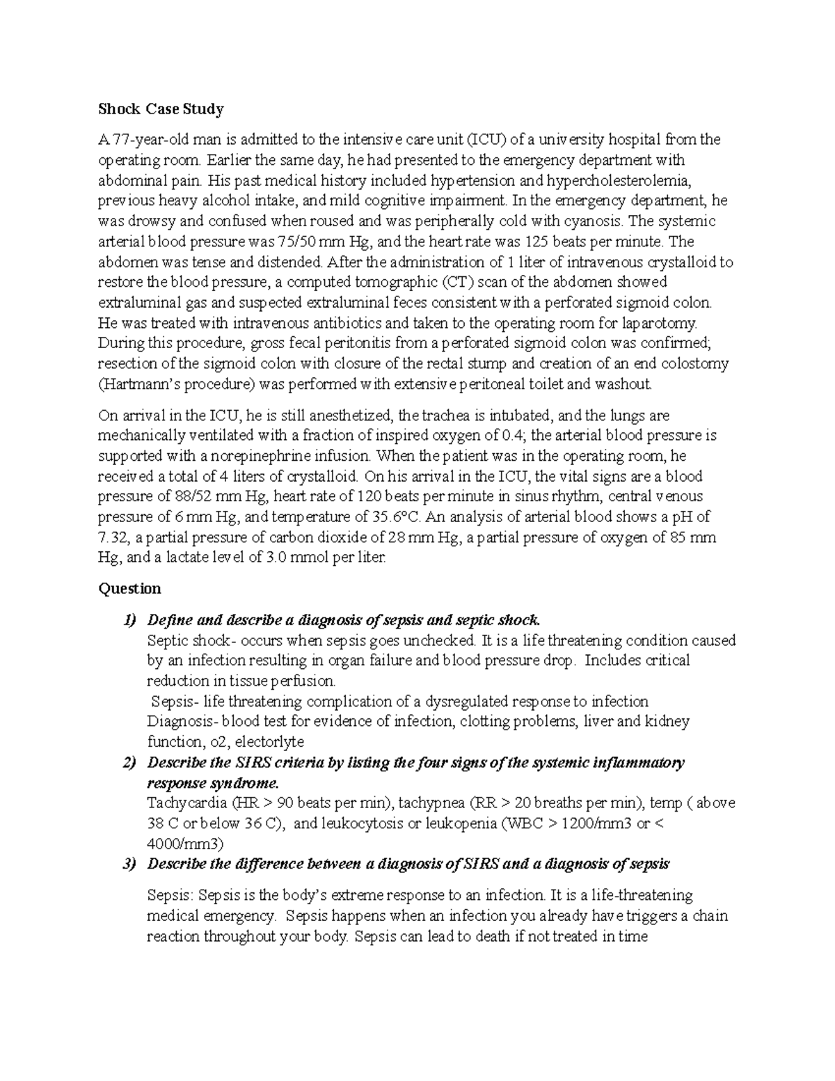 Shock case study - Shock Case Study A 77-year-old man is admitted to ...