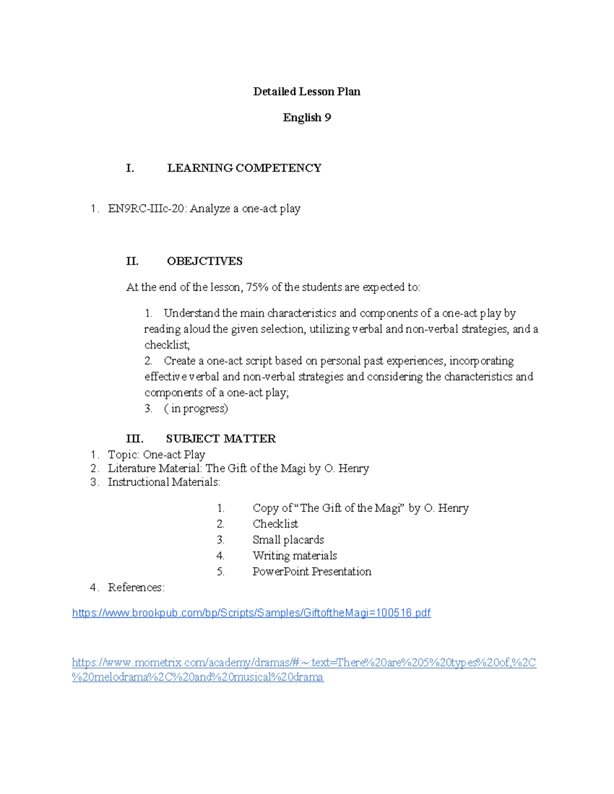 Detailed Lesson Plan - Detailed Lesson Plan English 9 I. LEARNING ...