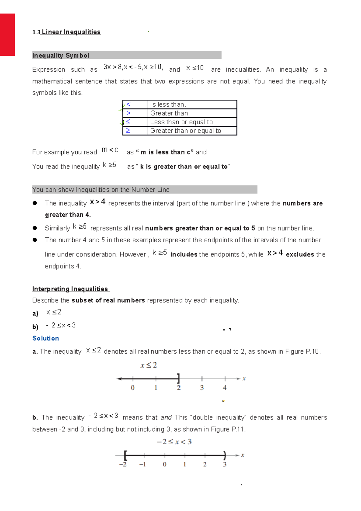 1.3 Linear Inequality - 1 Linear Inequalities Inequality Symbol ...