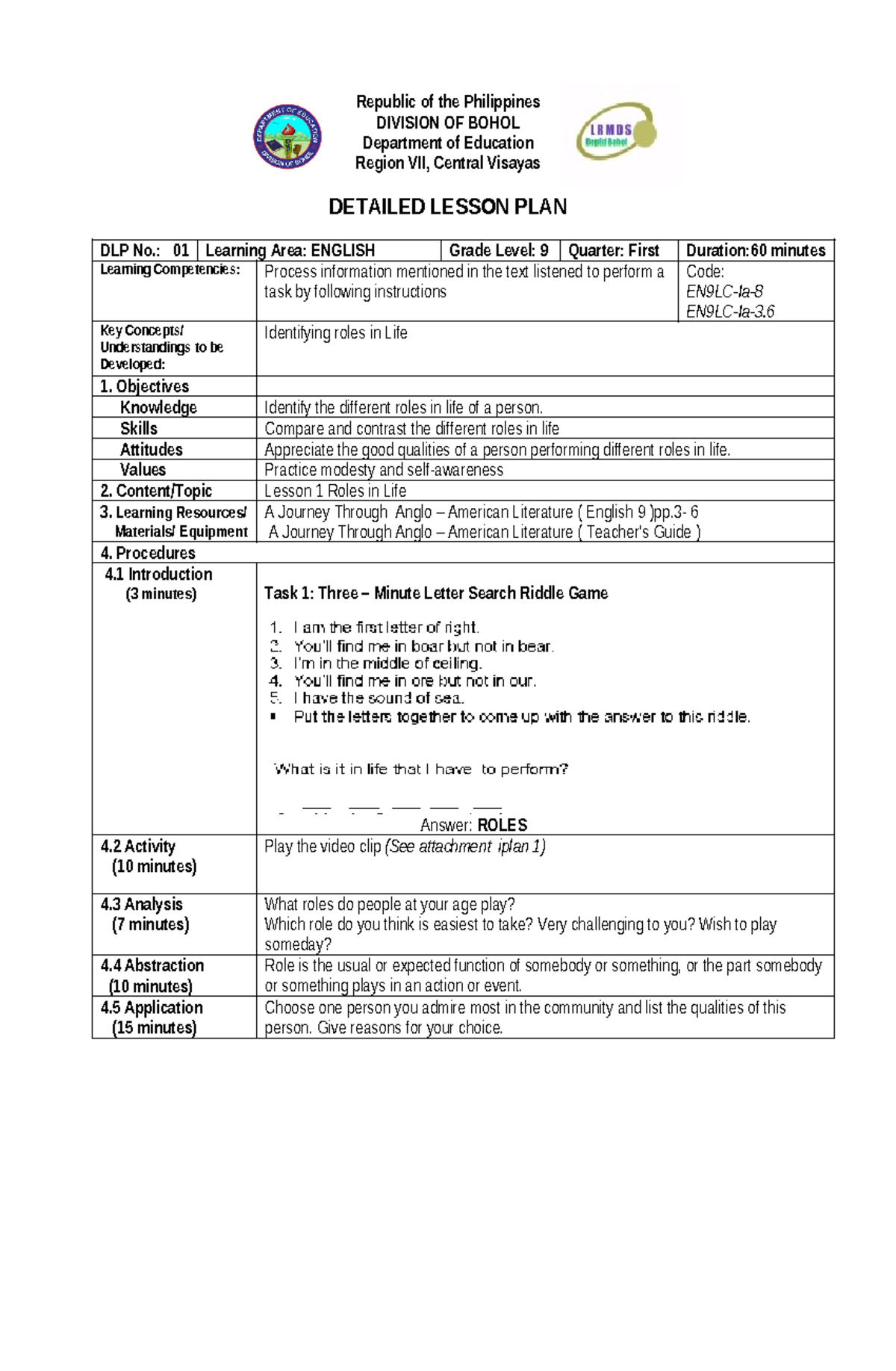 Iplan No. 1 - Republic of the Philippines DIVISION OF BOHOL Department of Education Region VII ...