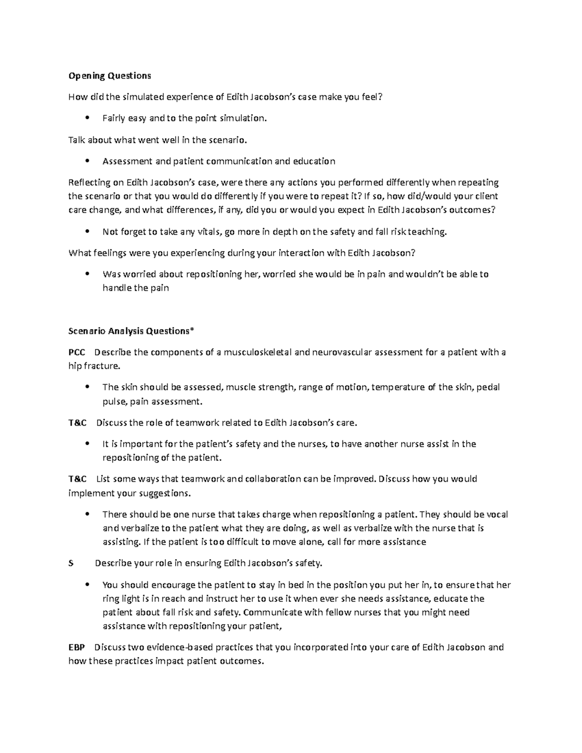 Edith Jacobson Reflection - Opening Questions How did the simulated ...