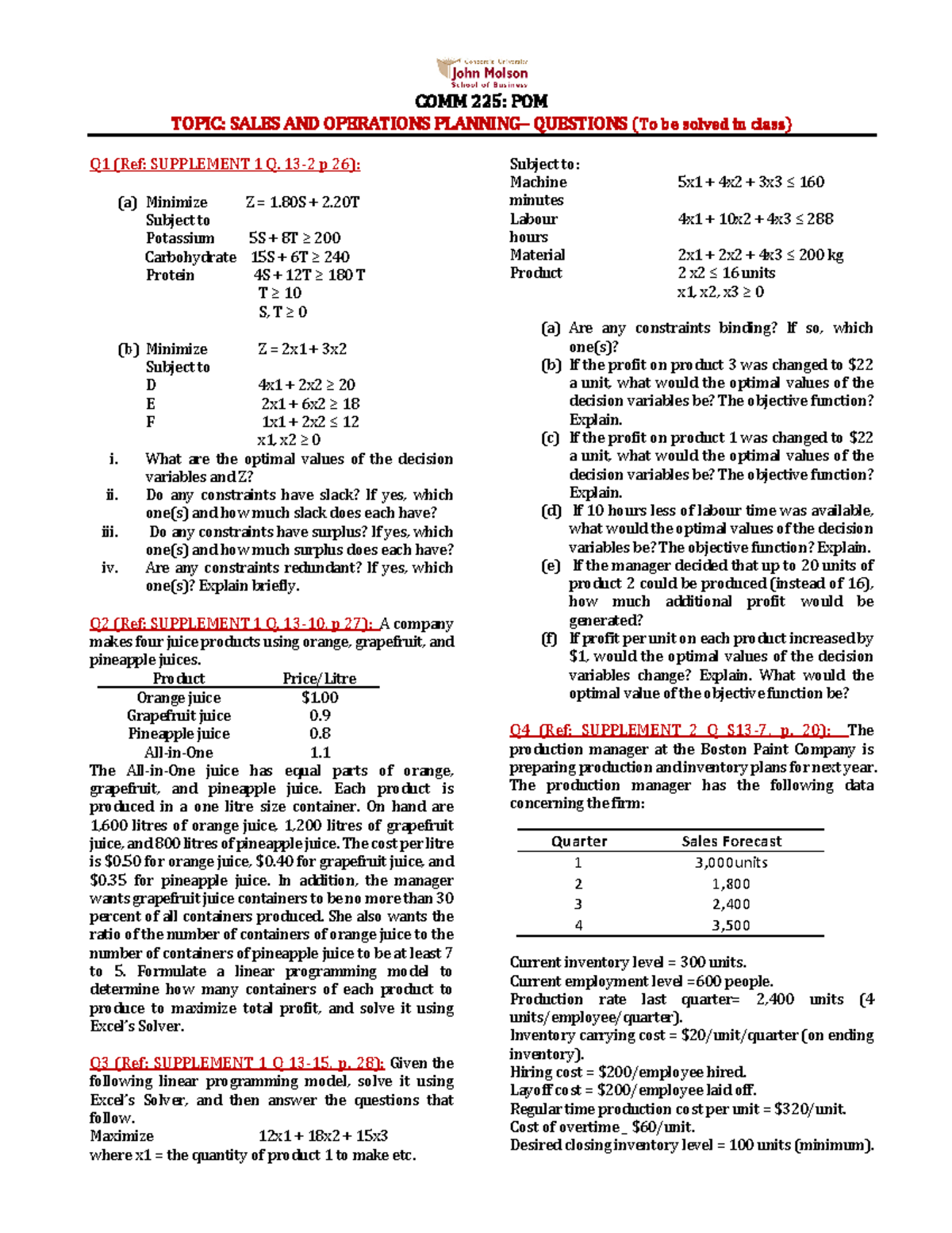 Sales AND Operations Planning– Questions (To be solved in class) - COMM ...