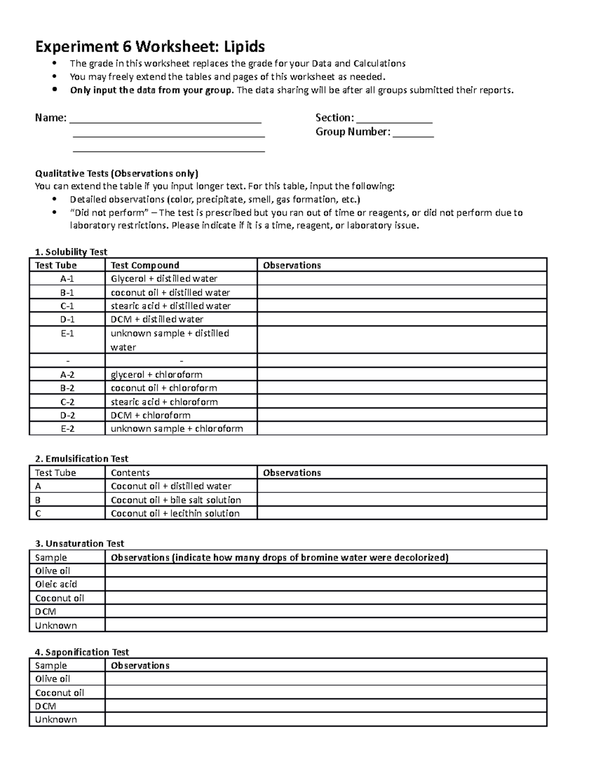 6 - Modified Lipids Worksheet - Experiment 6 Worksheet: Lipids The ...