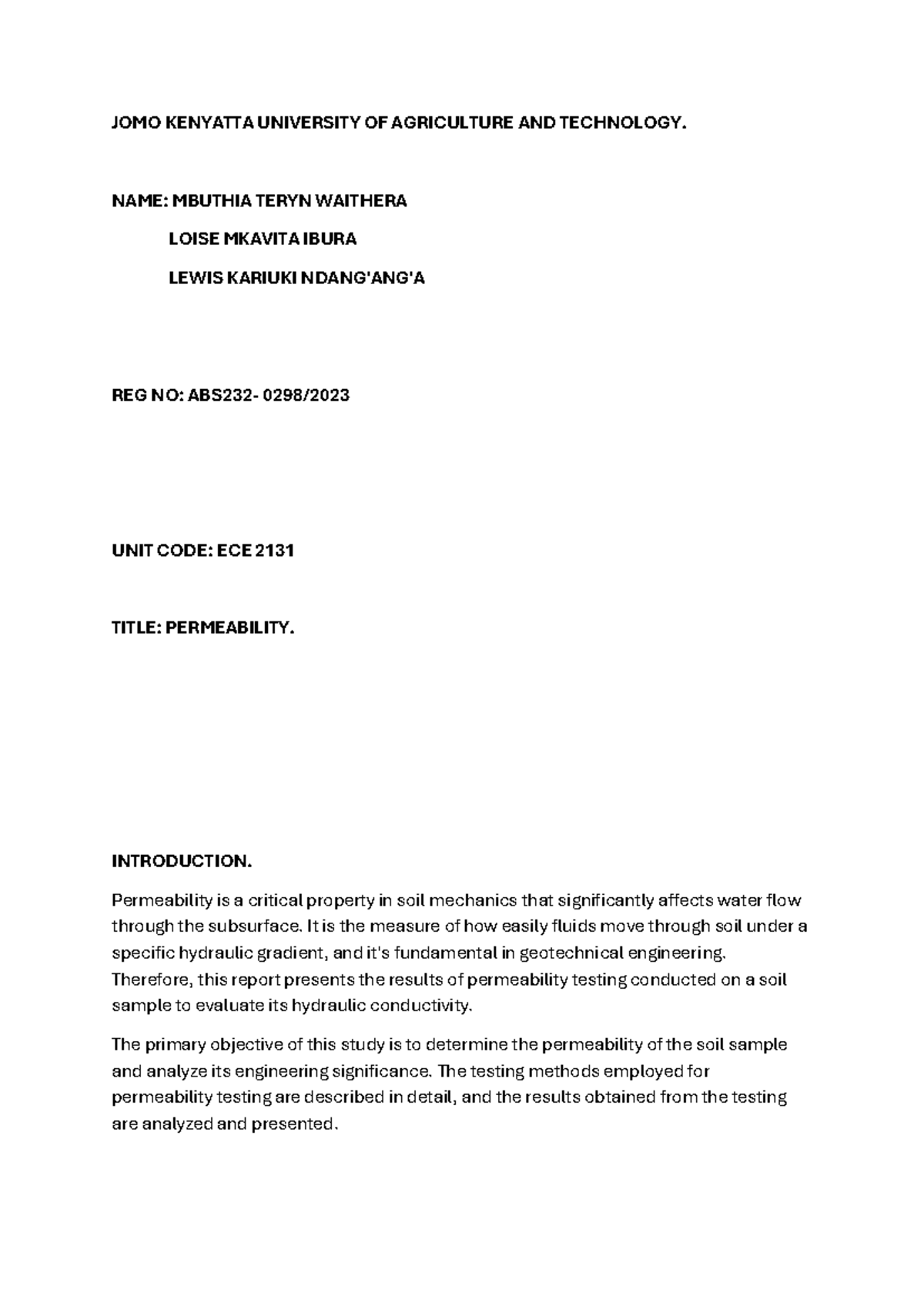 Permeability - Used in writing reports - JOMO KENYATTA UNIVERSITY OF ...