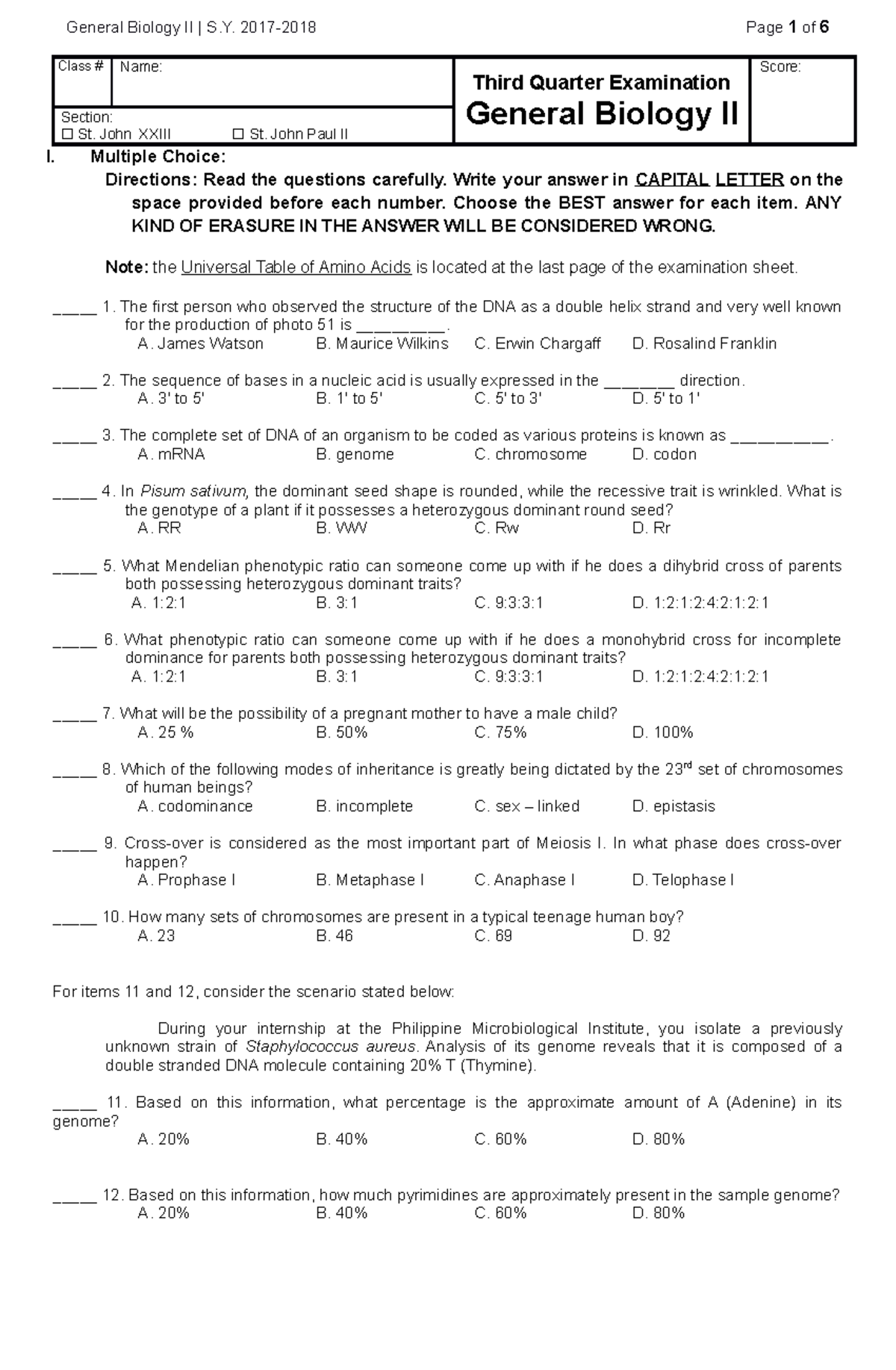 Bio II PT Q3 - Review materials - Class # Name: Third Quarter Examination General Biology II ...