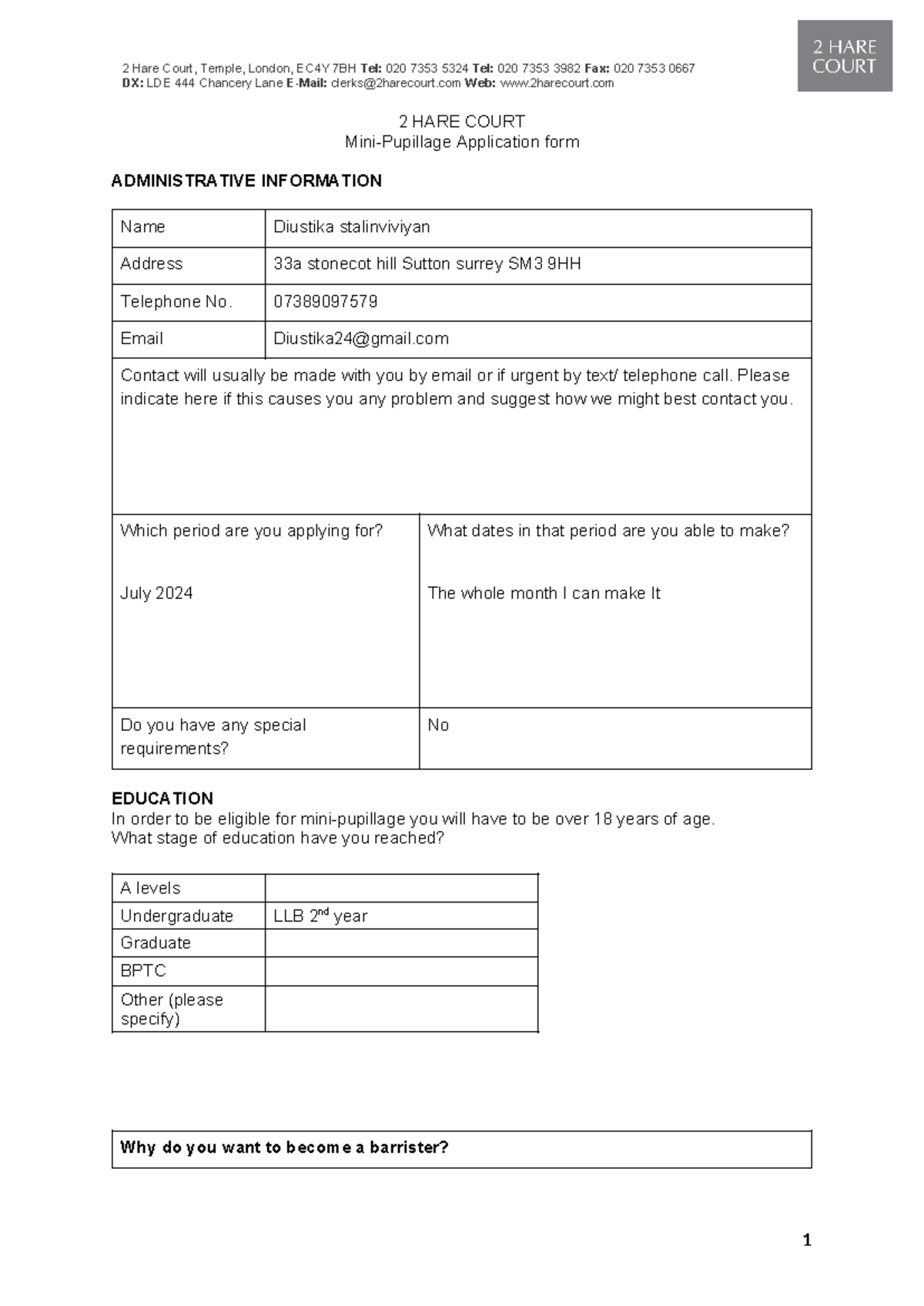 2 Hare Court Mini Pupillage Application Form - 2 Hare Court, Temple ...