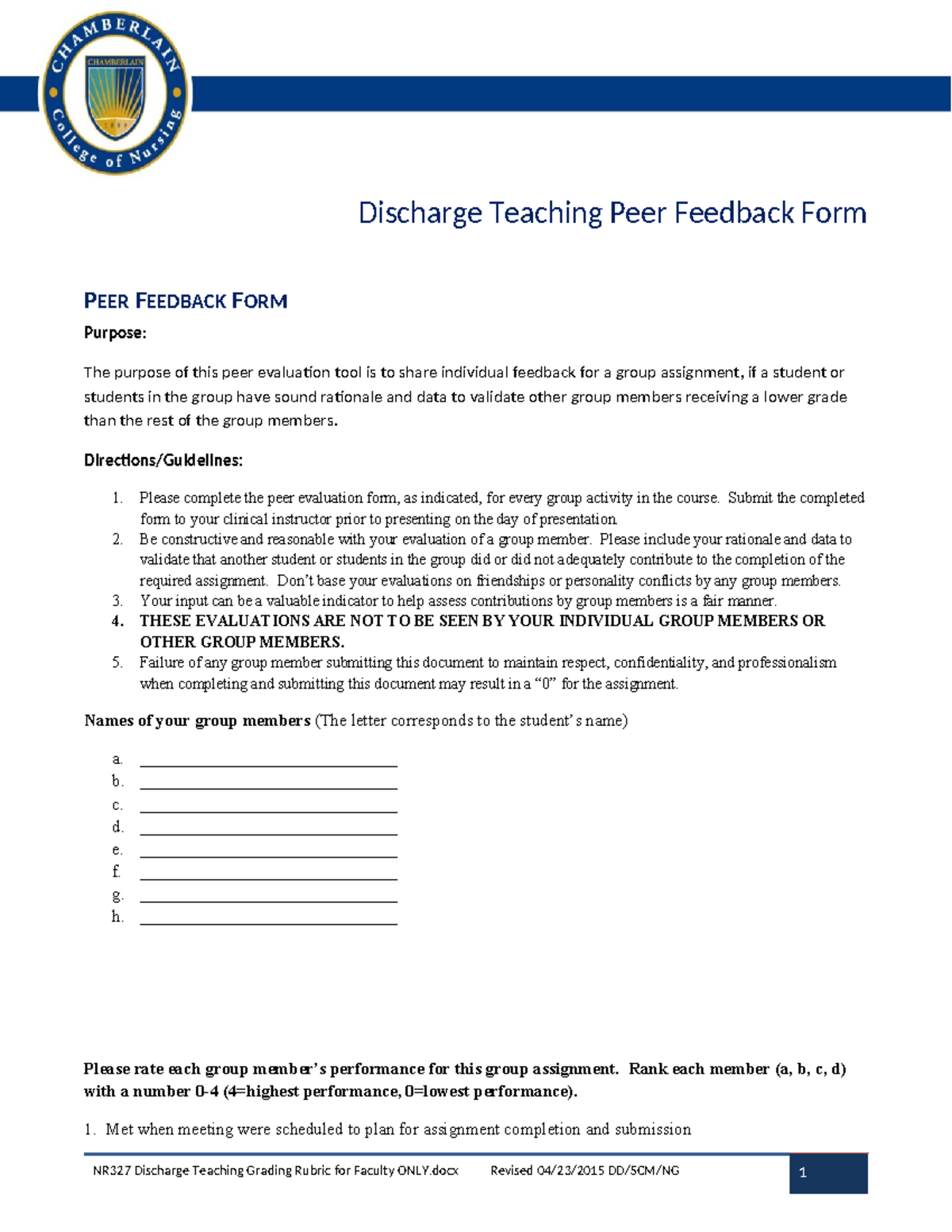 RUA Peer Feedback Form-1 - NR 321 327 Maternal Child Nursing Discharge ...