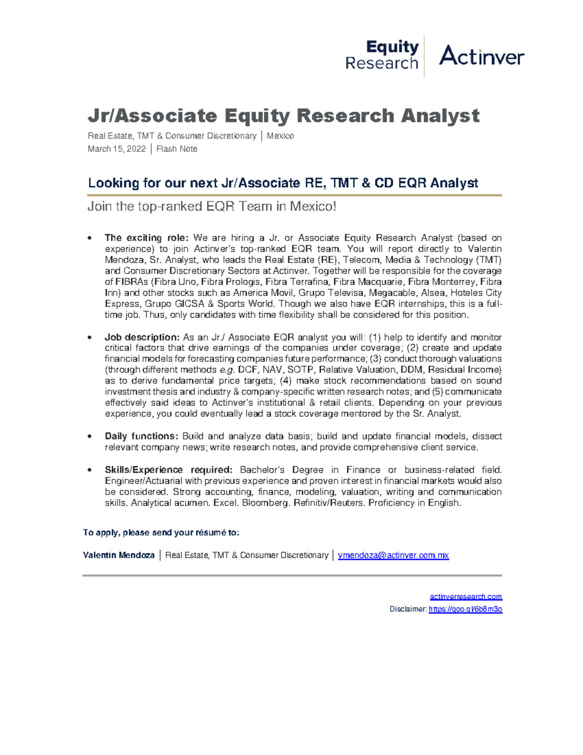 JR Associate EQR Analyst Job - Jr/Associate Equity Research Analyst ...