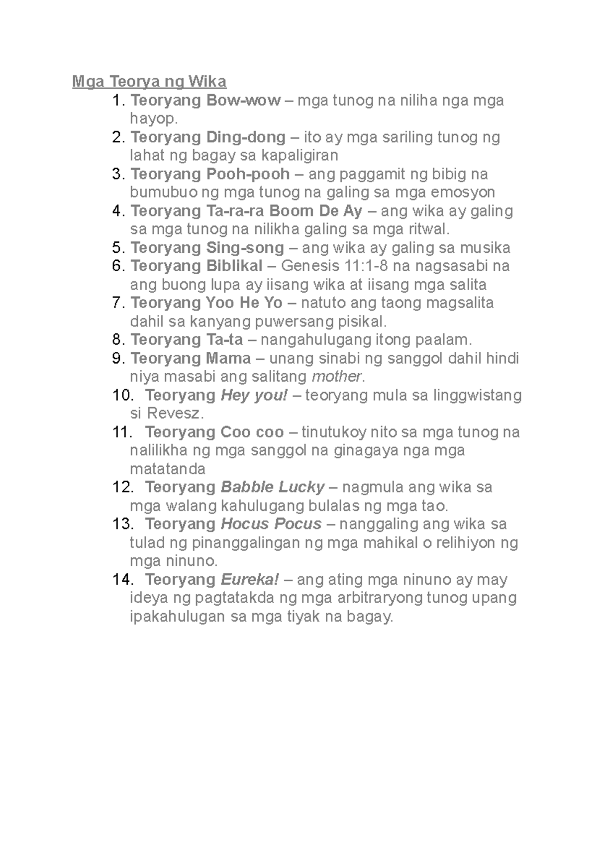 4 - Lecture notes 1 - Mga Teorya ng Wika 1. Teoryang Bow-wow – mga ...