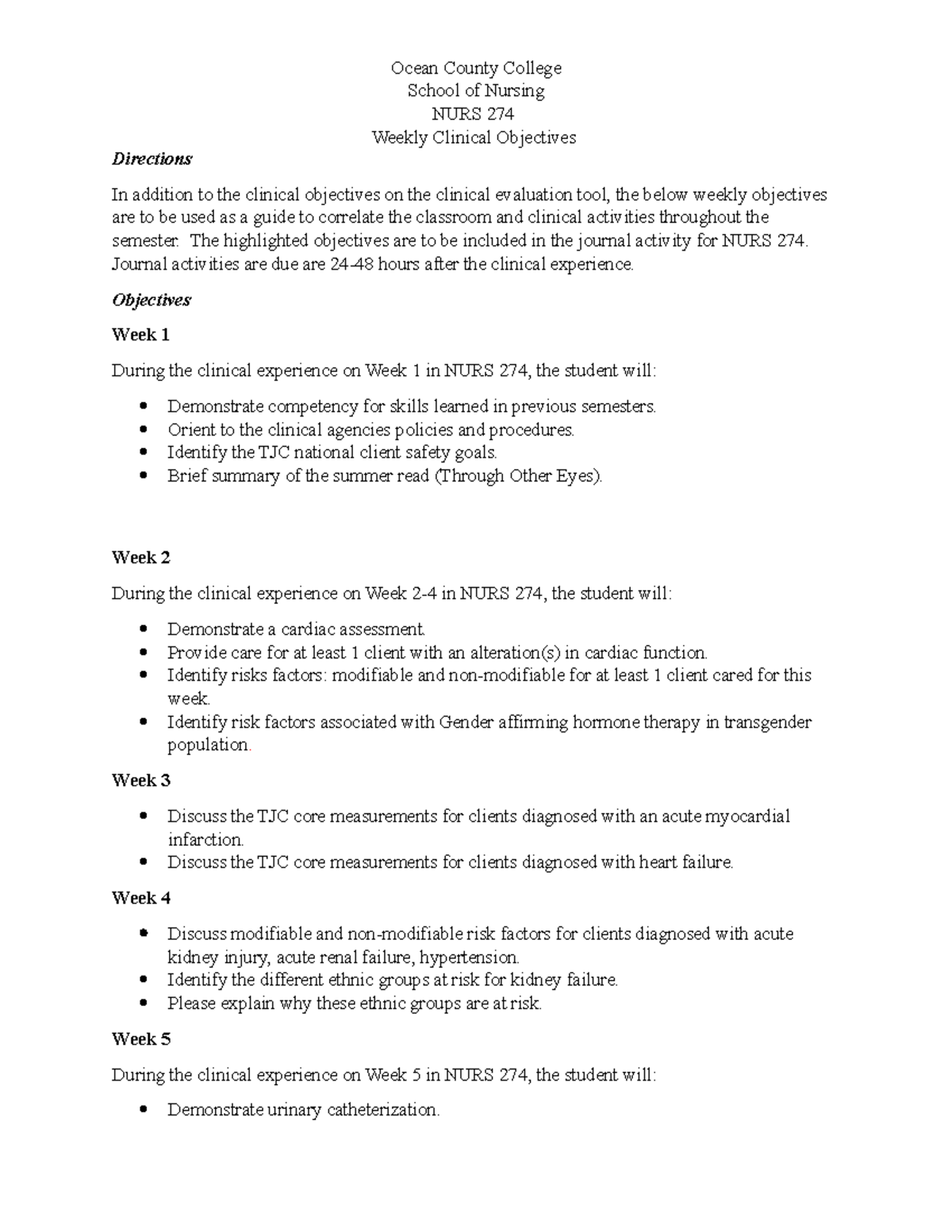 Clinical Objectives Weekly Fall 2023 - Ocean County College School of ...