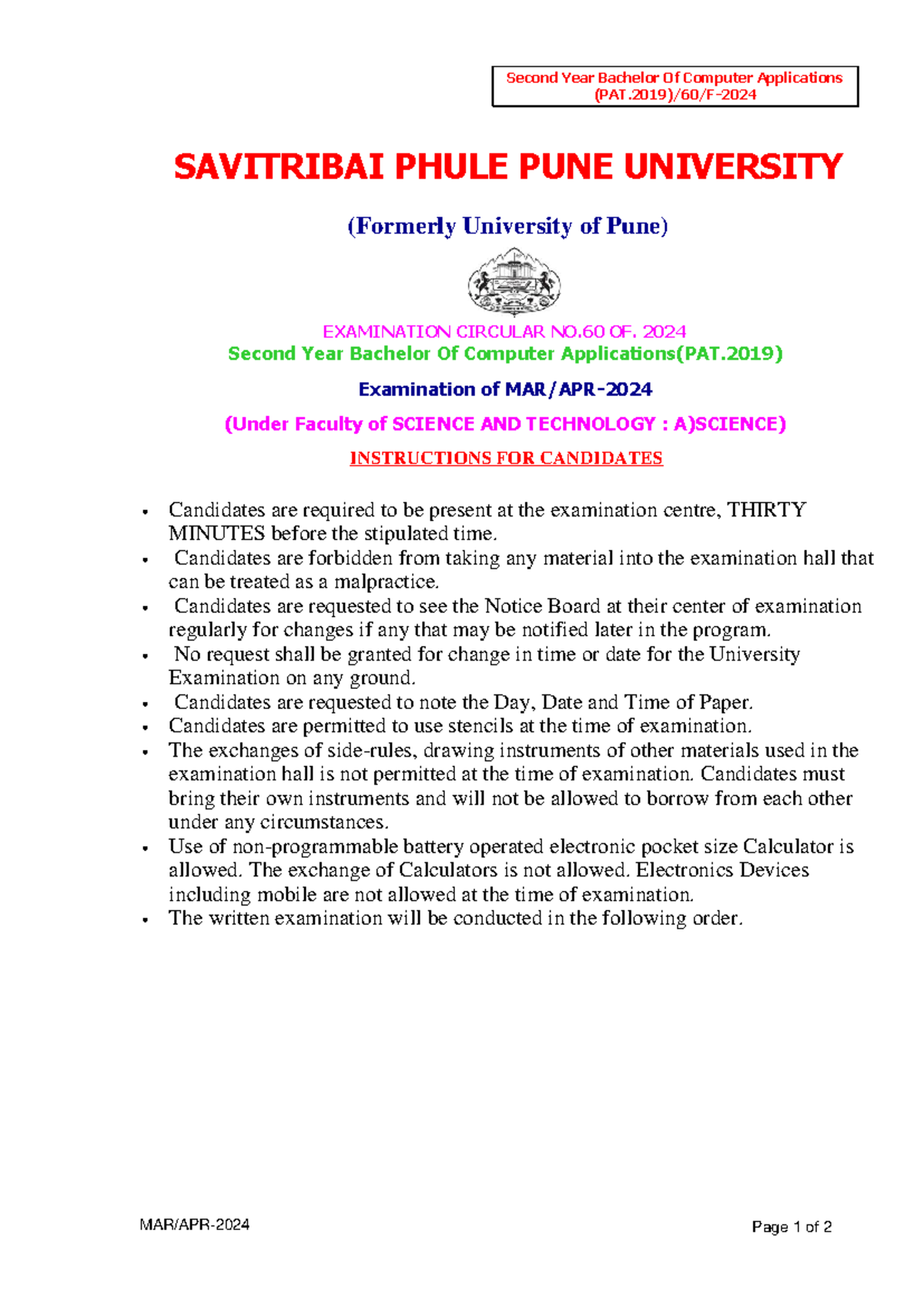 SY BCA SCI eory Exam April 2024 - INSTRUCTIONS FOR CANDIDATES (Under ...