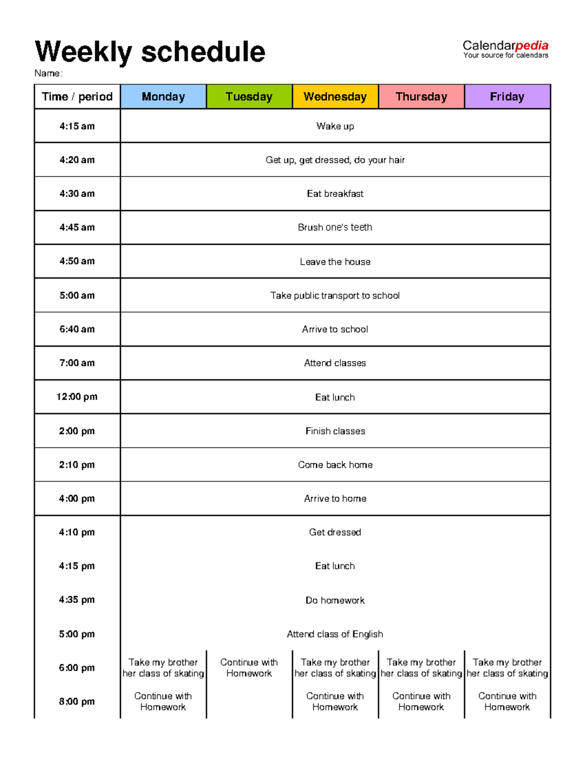 Monday to friday with room - Weekly schedule Name: Time / period Monday Tuesday Wednesday ...