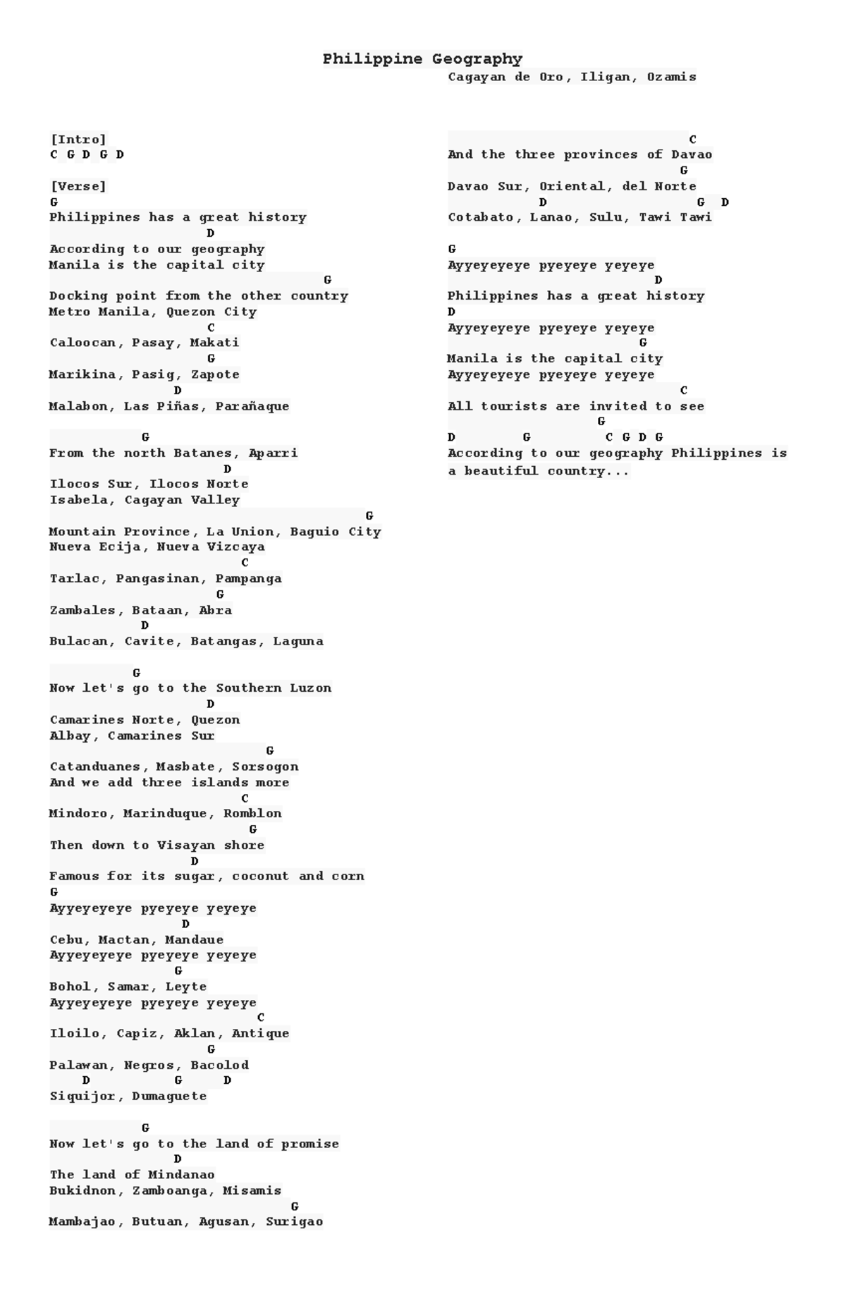 Philippine Geography guitar chords - Philippine Geography [Intro] C G D ...