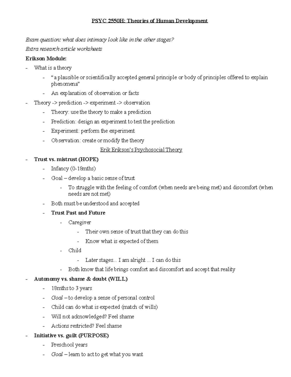 Theories of Human Development Notes - PSYC 2550H: Theories of Human ...