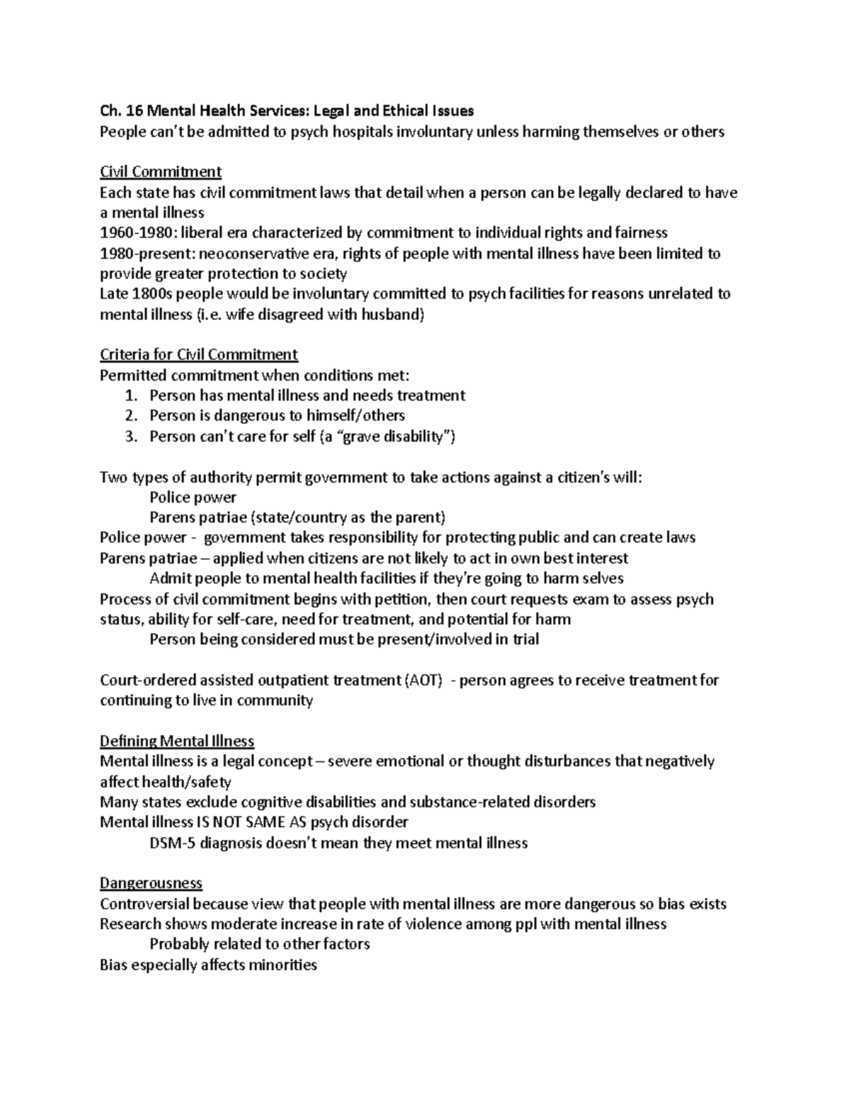 Ch 16 notes - lecture 16 - Ch. 16 Mental Health Services: Legal and ...